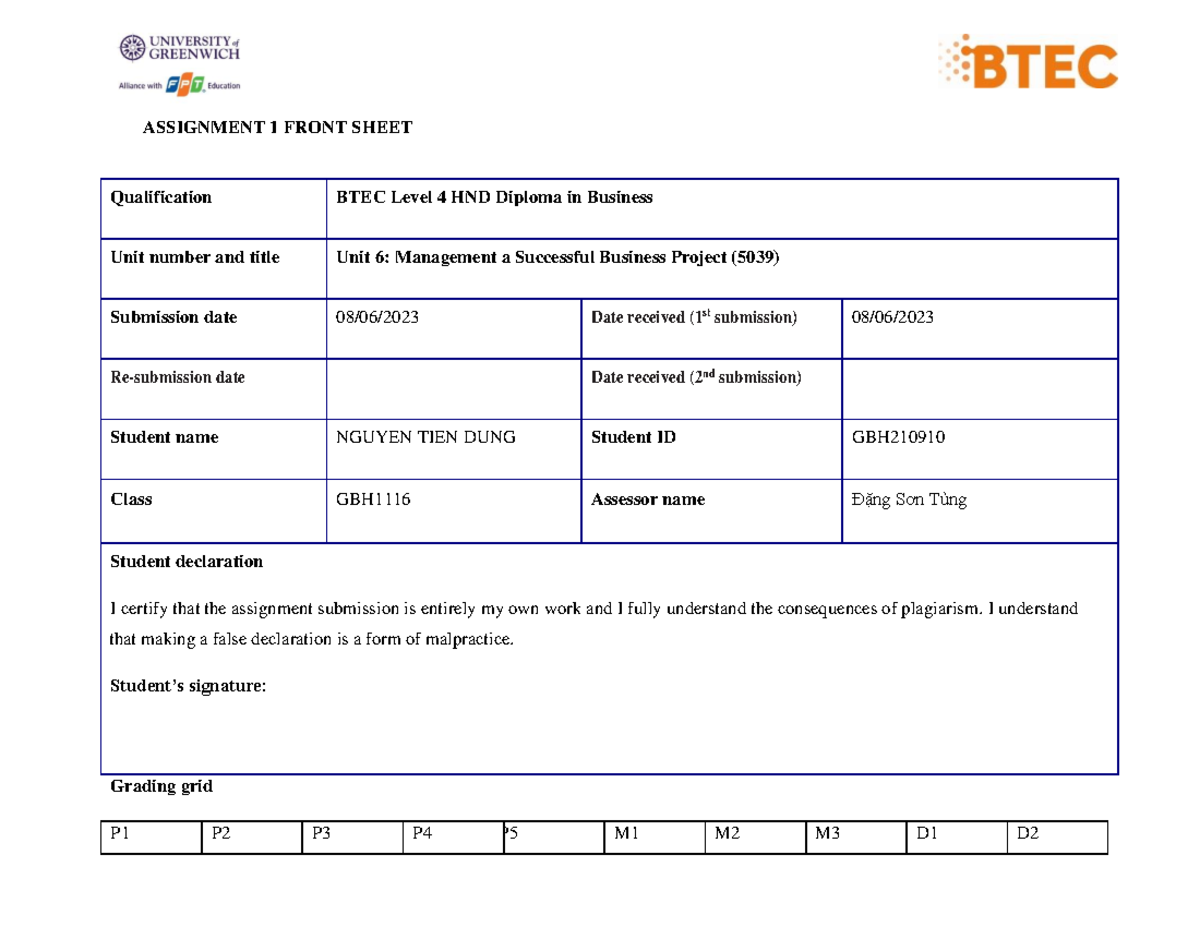 5039 Assignment 1 Frontsheet Nguyen TIEN DUNG - ASSIGNMENT 1 FRONT SHEET Qualification BTEC ...