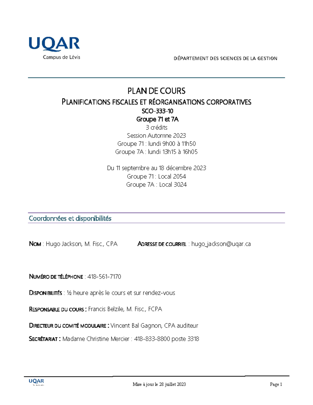 Plan de cours SCO 333-10 Planifications fiscales et réorganisation ...