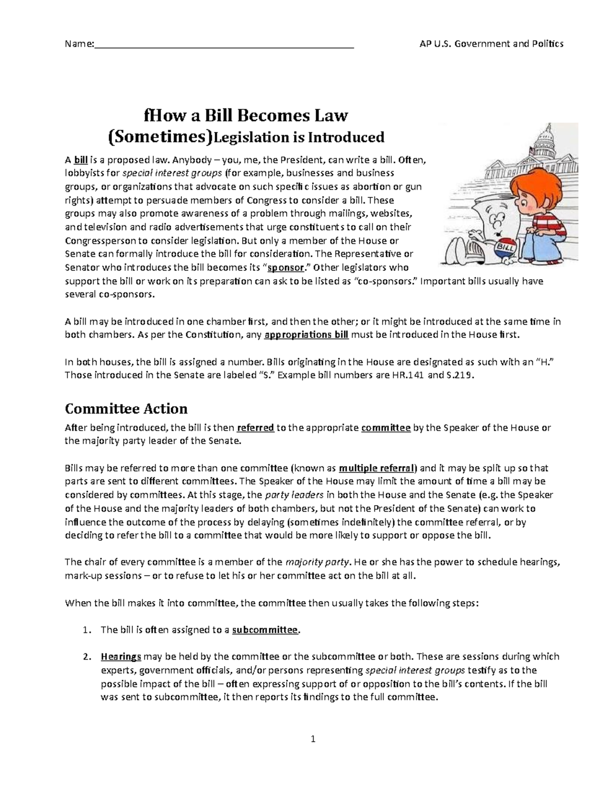 Legislative Process Reading 2020 - Name: AP U. Government and Politics ...