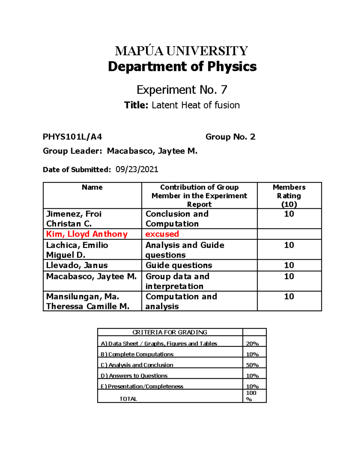 PHYS101L-E107 - PHYS101 Laboratory- Experiment 107 Latent heat of ...