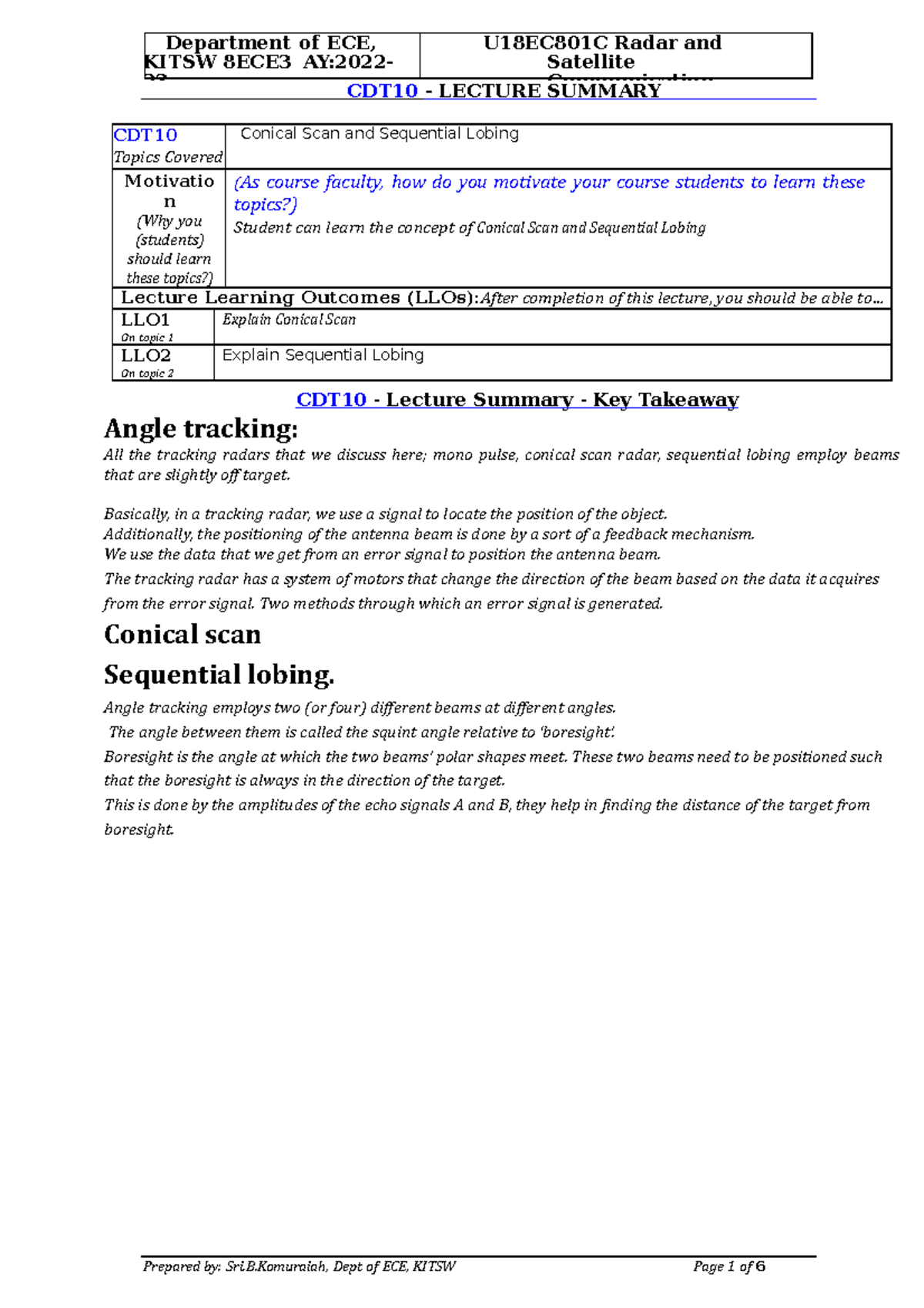 Conical Scan and Sequential Lobing - Department of ECE, KITSW 8ECE3 AY ...