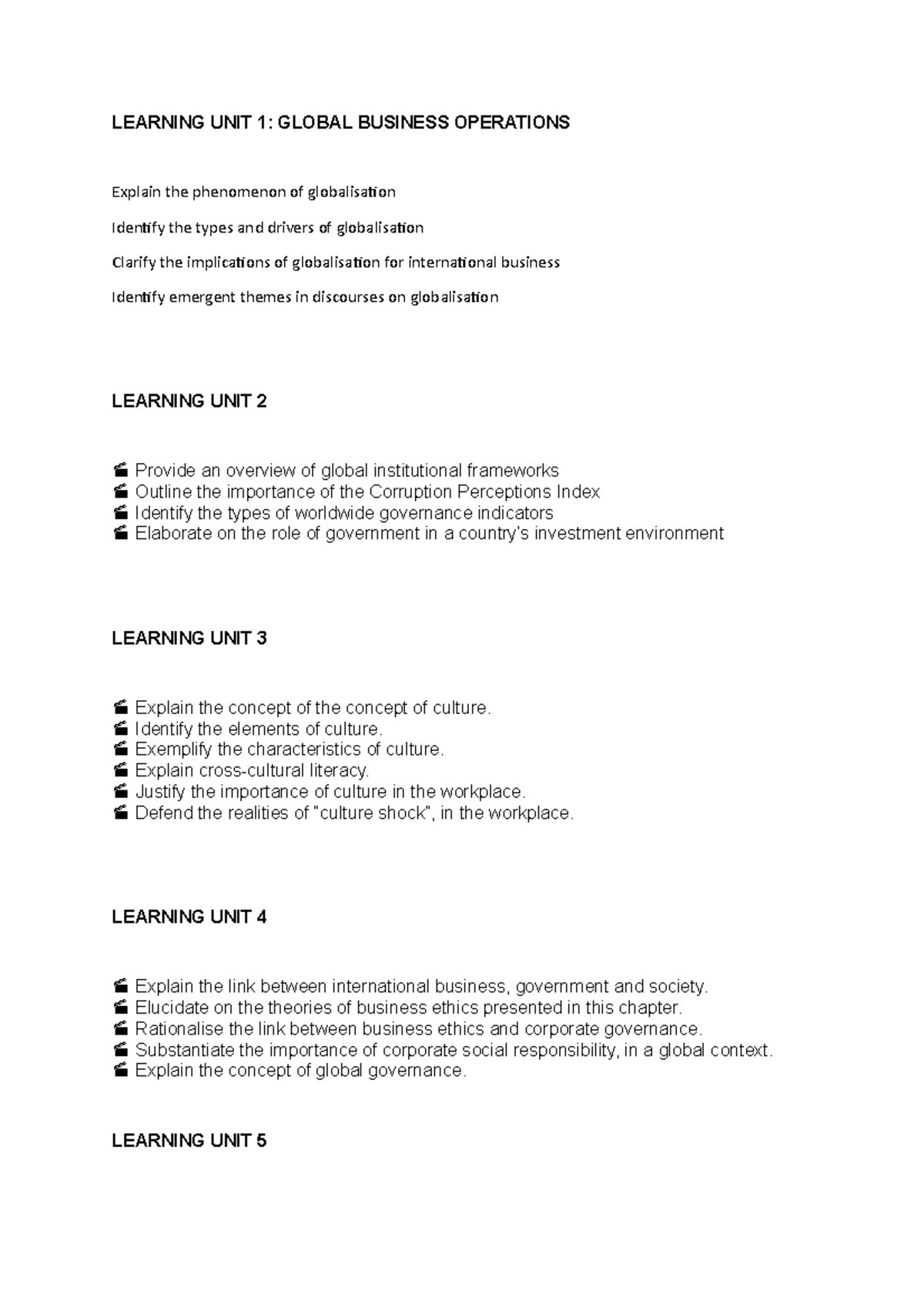 Learning Unit Outcomes - LEARNING UNIT 1: GLOBAL BUSINESS the ...