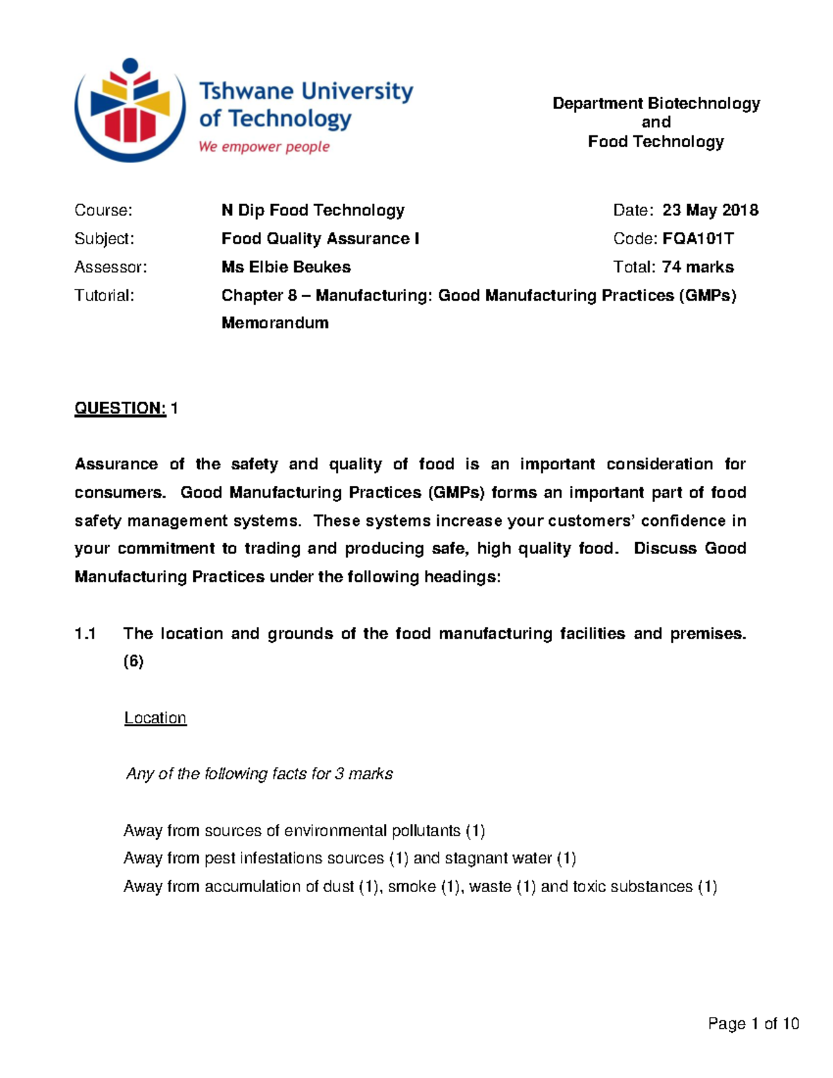 Tutorial Chapter 8 - Memorandum - 2018 - Course: N Dip Food Technology ...