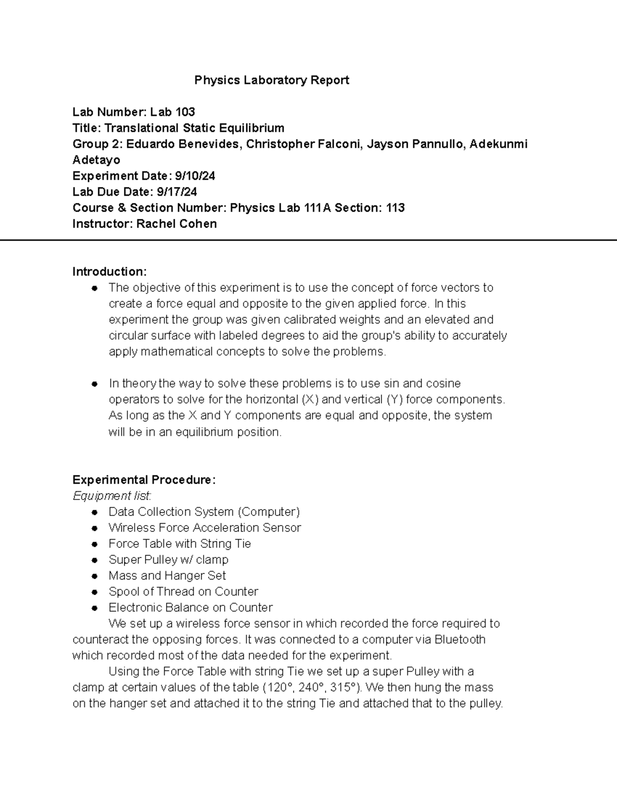 Lab 103 Translational Static Equilibrium – Force Table and Vector Addition - Physics Laboratory ...
