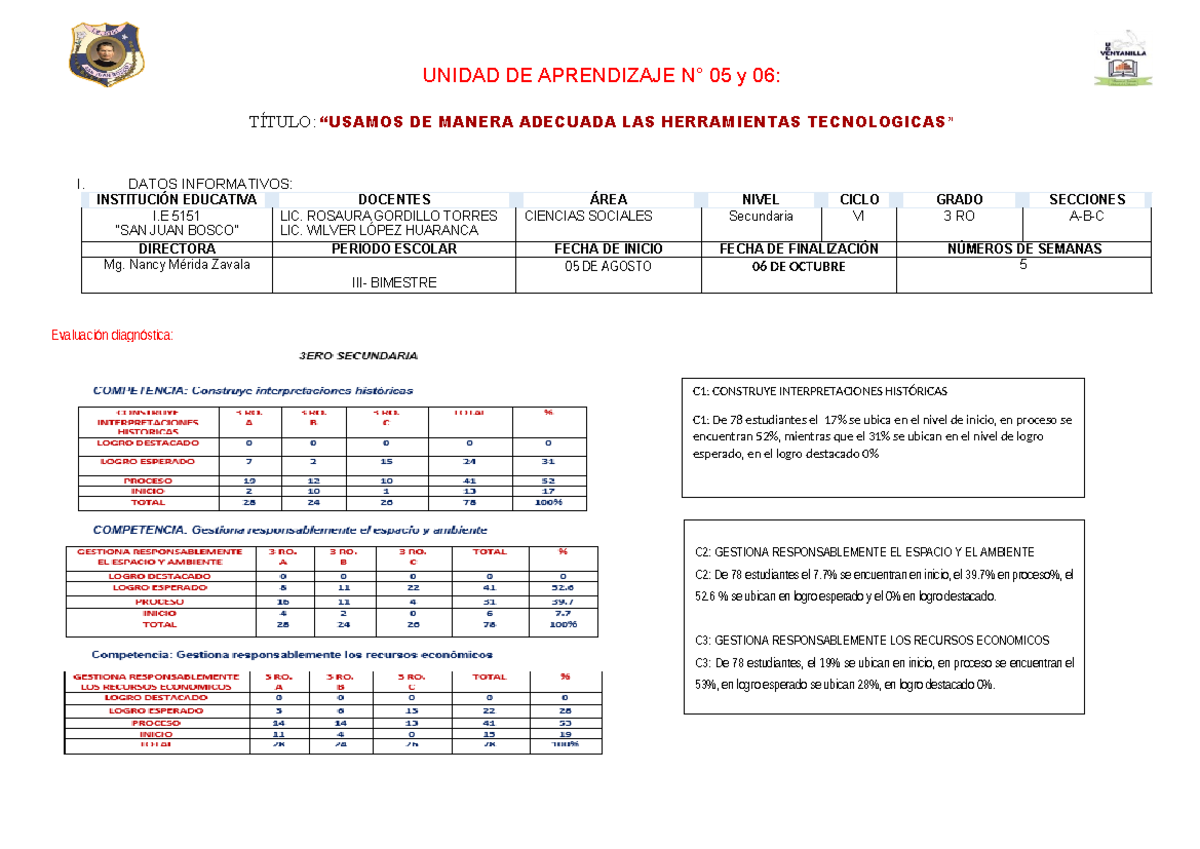 Unidad-05 CCSS- 3 RO-III Bimestre - UNIDAD DE APRENDIZAJE N° 05 y 06: TÍTULO: “USAMOS DE MANERA ...