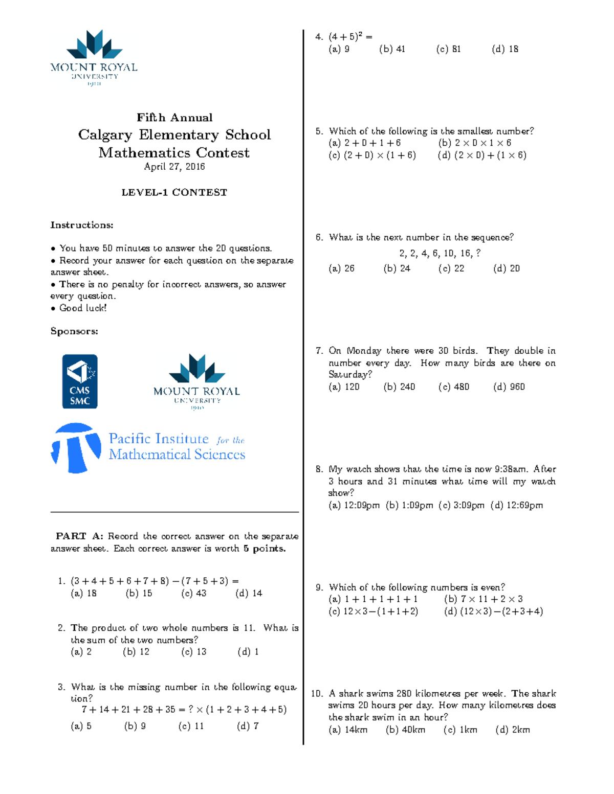 Cesmc 2016 Level 1 - Calgary Elementary School Mathematics Contest ...