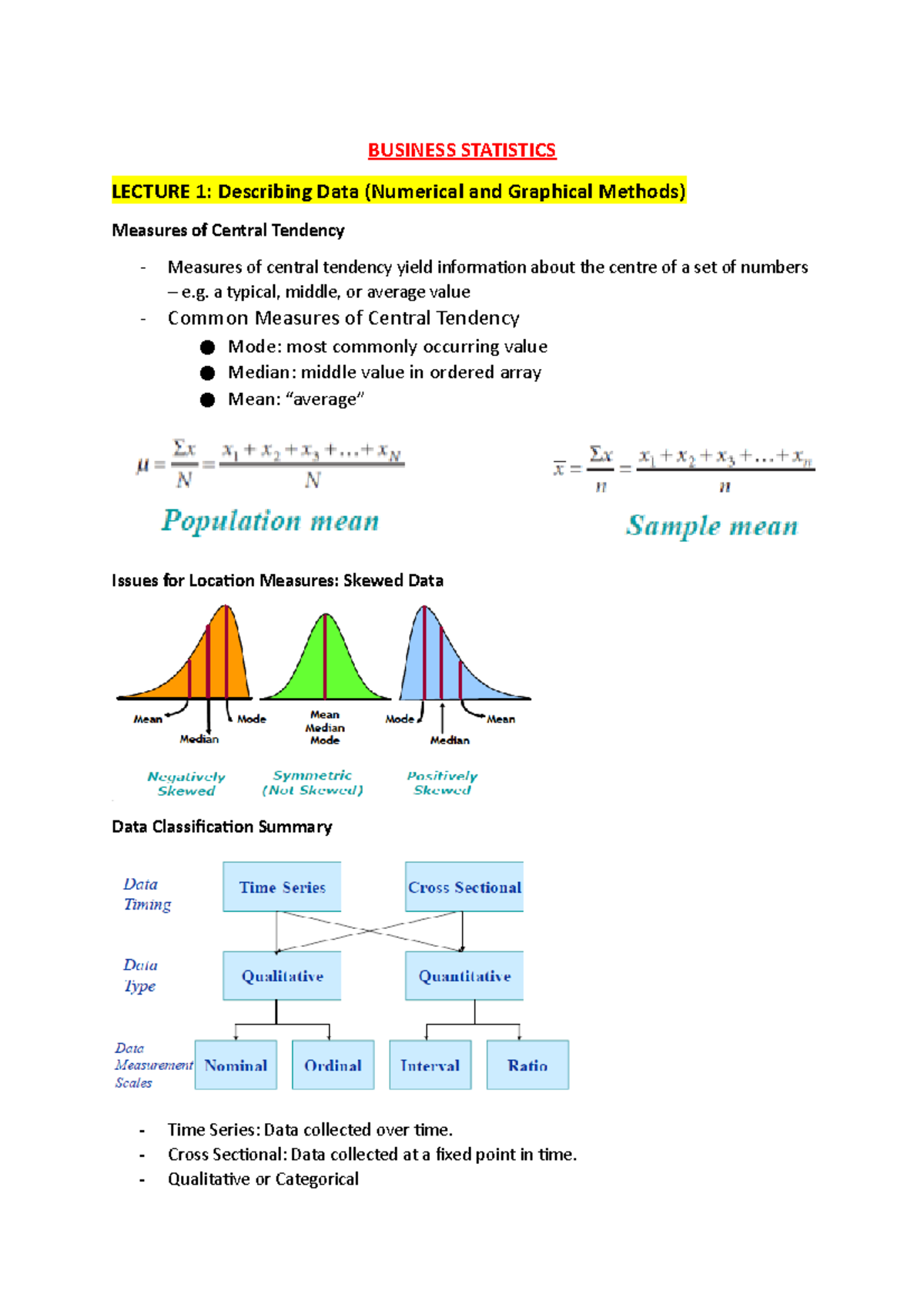 Business Statistics Notes - BUSINESS STATISTICS LECTURE 1: Describing ...