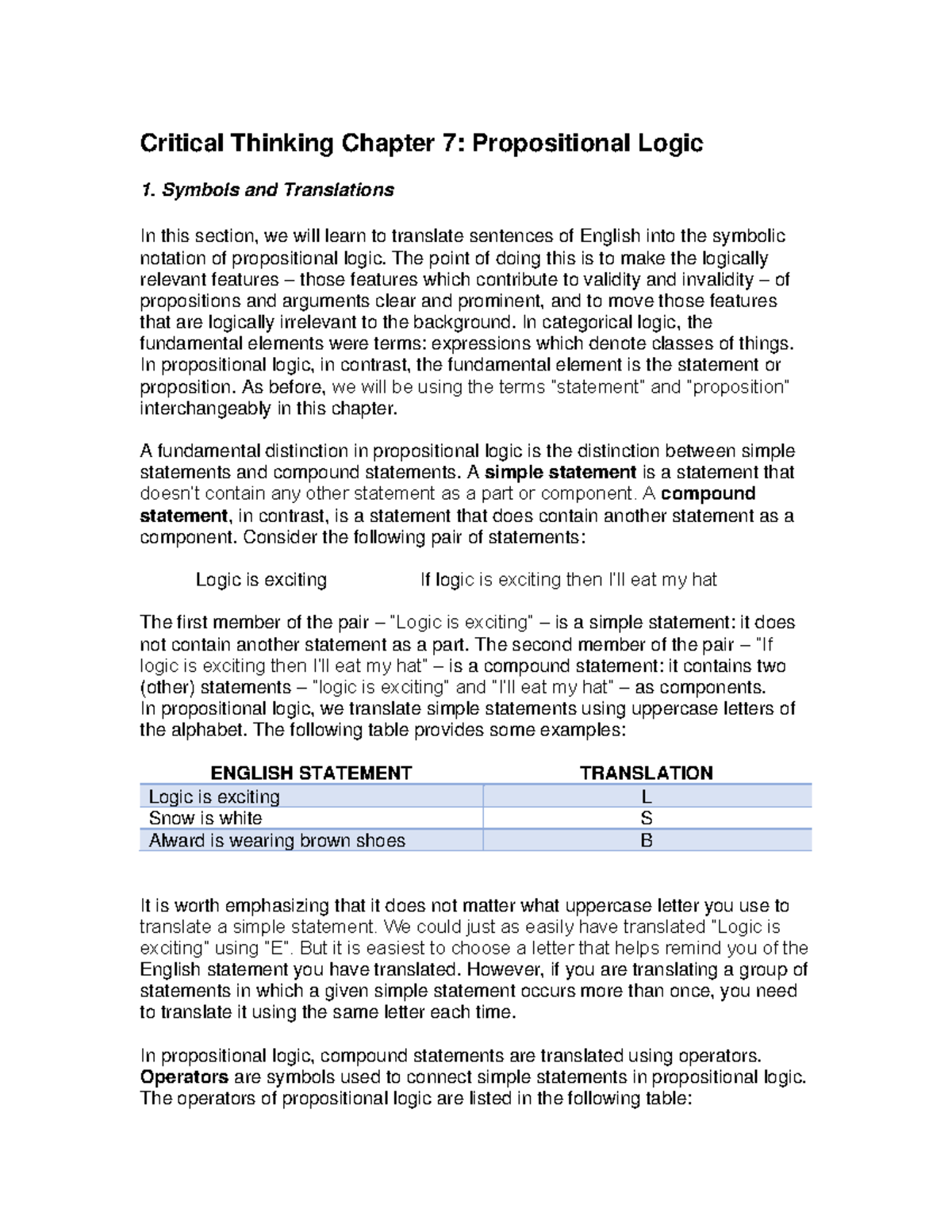 1-crithink ch-7 prop-log revised-2022 - Critical Thinking Chapter 7: Propositional Logic Symbols ...