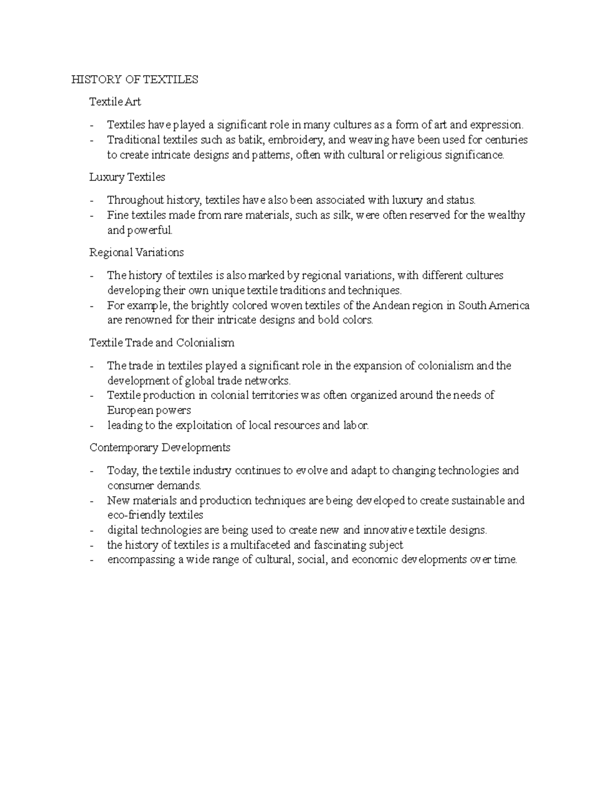 History OF Textiles Notes 2 - HISTORY OF TEXTILES Textile Art Textiles ...