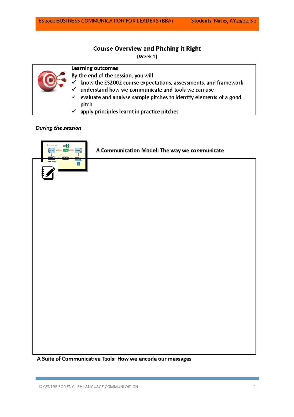 Week 1 Students' Notes AY2021-22 S2 - Course Overview and Pitching it ...