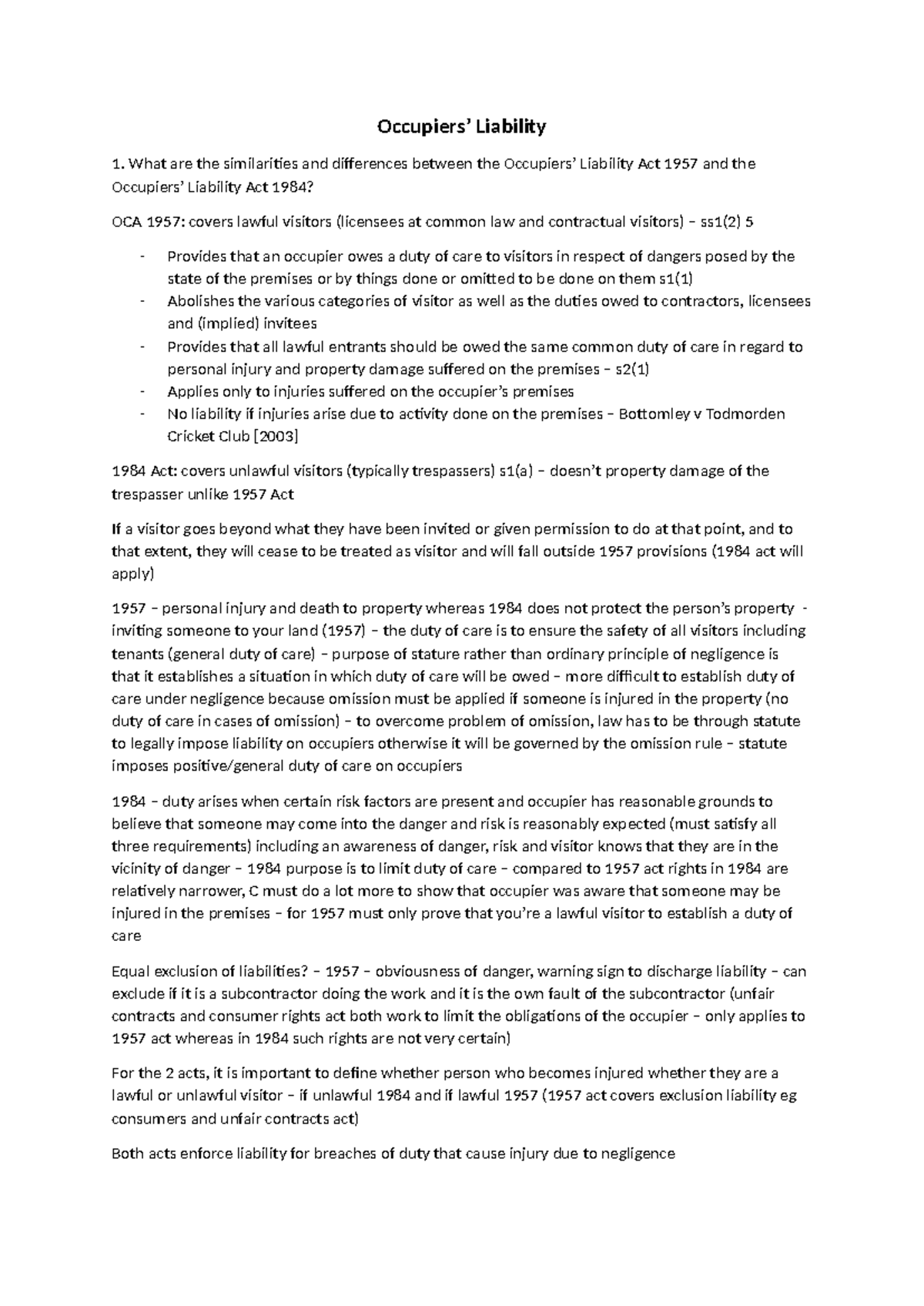 Occupiers' Liability - Occupiers’ Liability 1. What are the ...