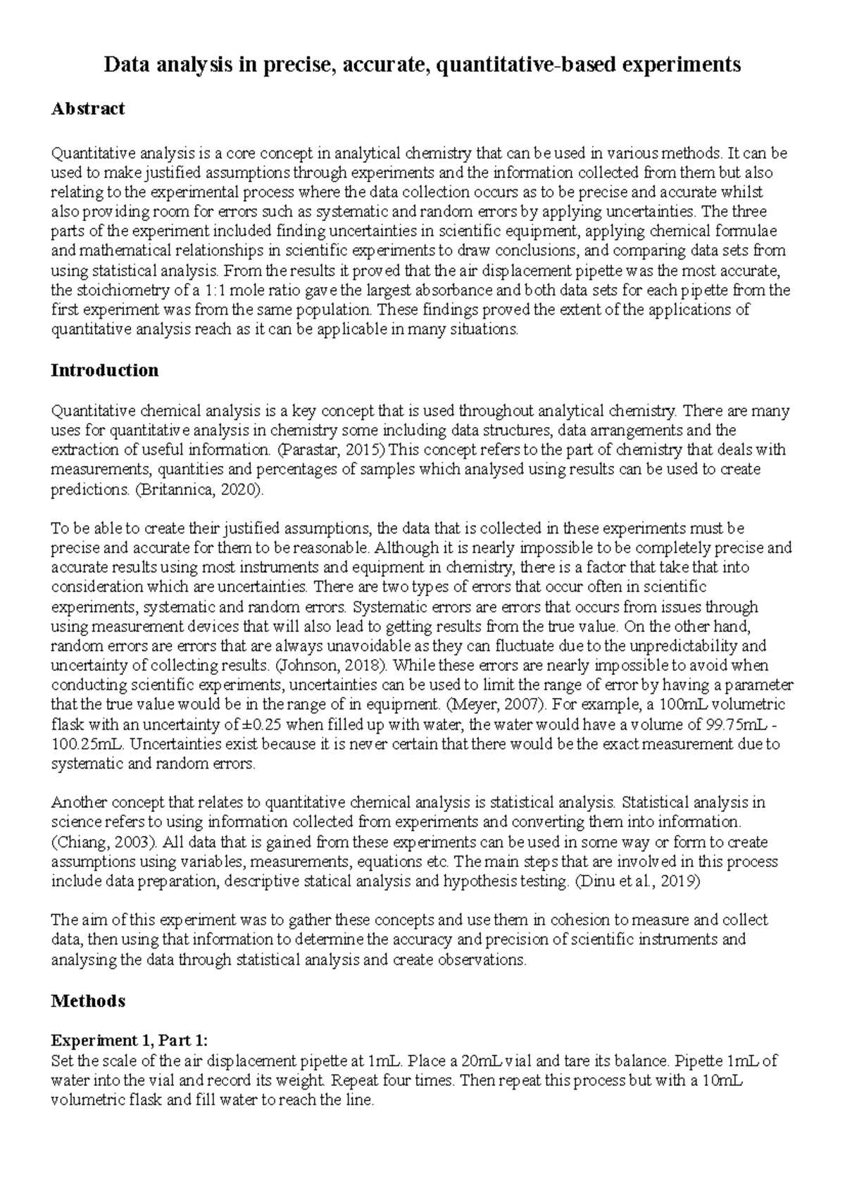 Analytical Chemistry 1 - Prac Report 1 - Data analysis in precise, accurate, quantitative-based ...
