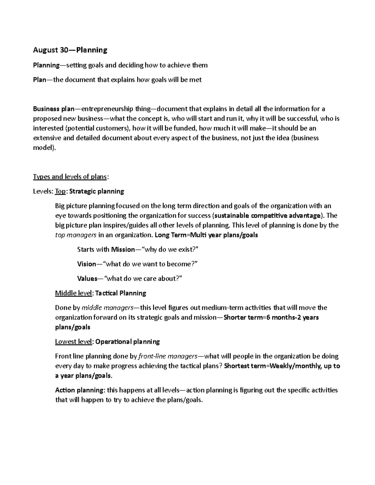 Aug 30 outline Planning Notes of textbook - August 30—Planning Planning ...