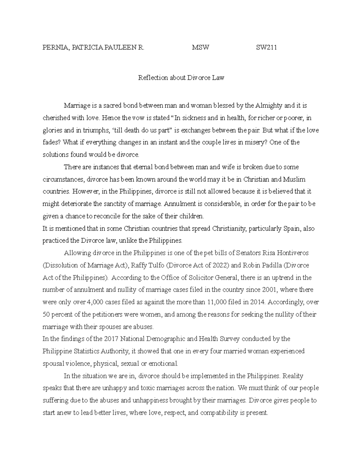 Pernia- Reflection paper about Divorce Law - PERNIA, PATRICIA PAULEEN R ...