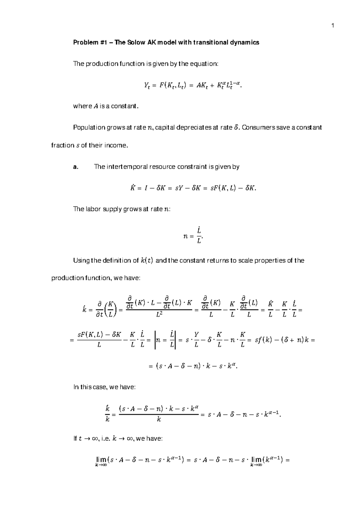 220293 - Help for the course - Problem #1 – The Solow AK model with ...
