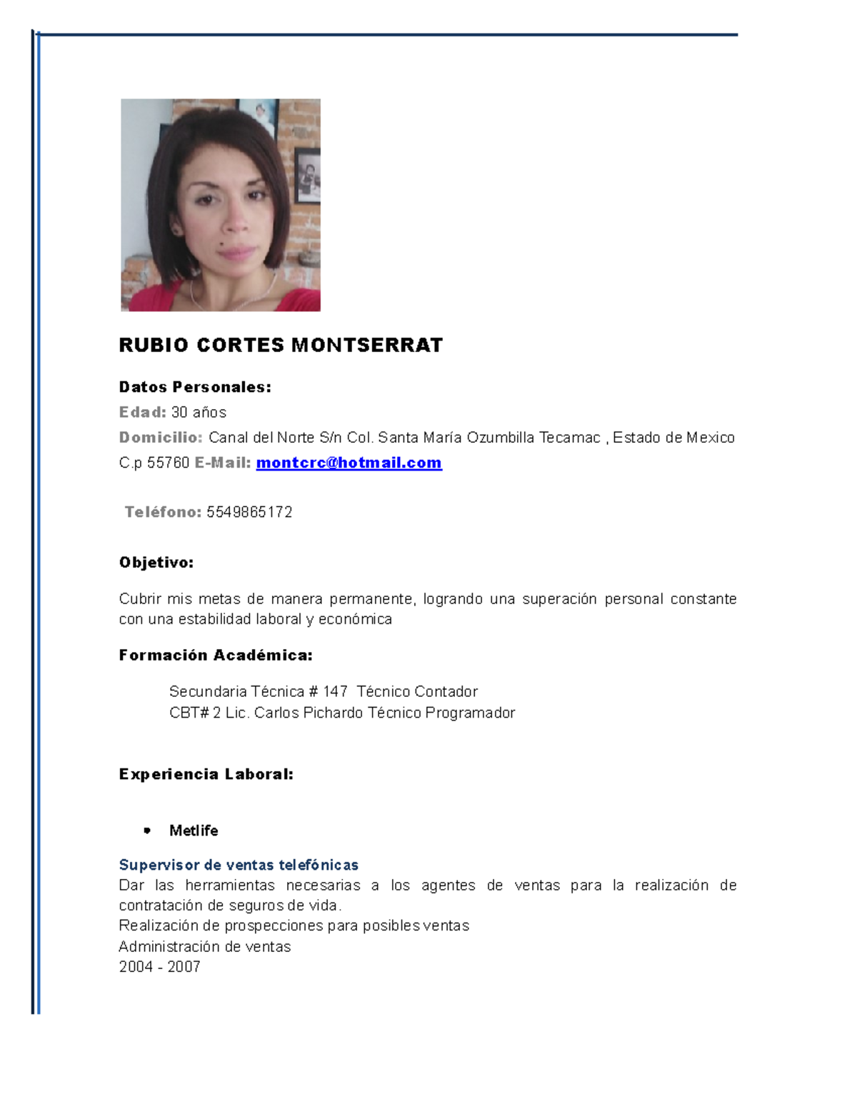 CV Montserrat Rubio - tu del - RUBIO CORTES MONTSERRAT Datos Personales ...