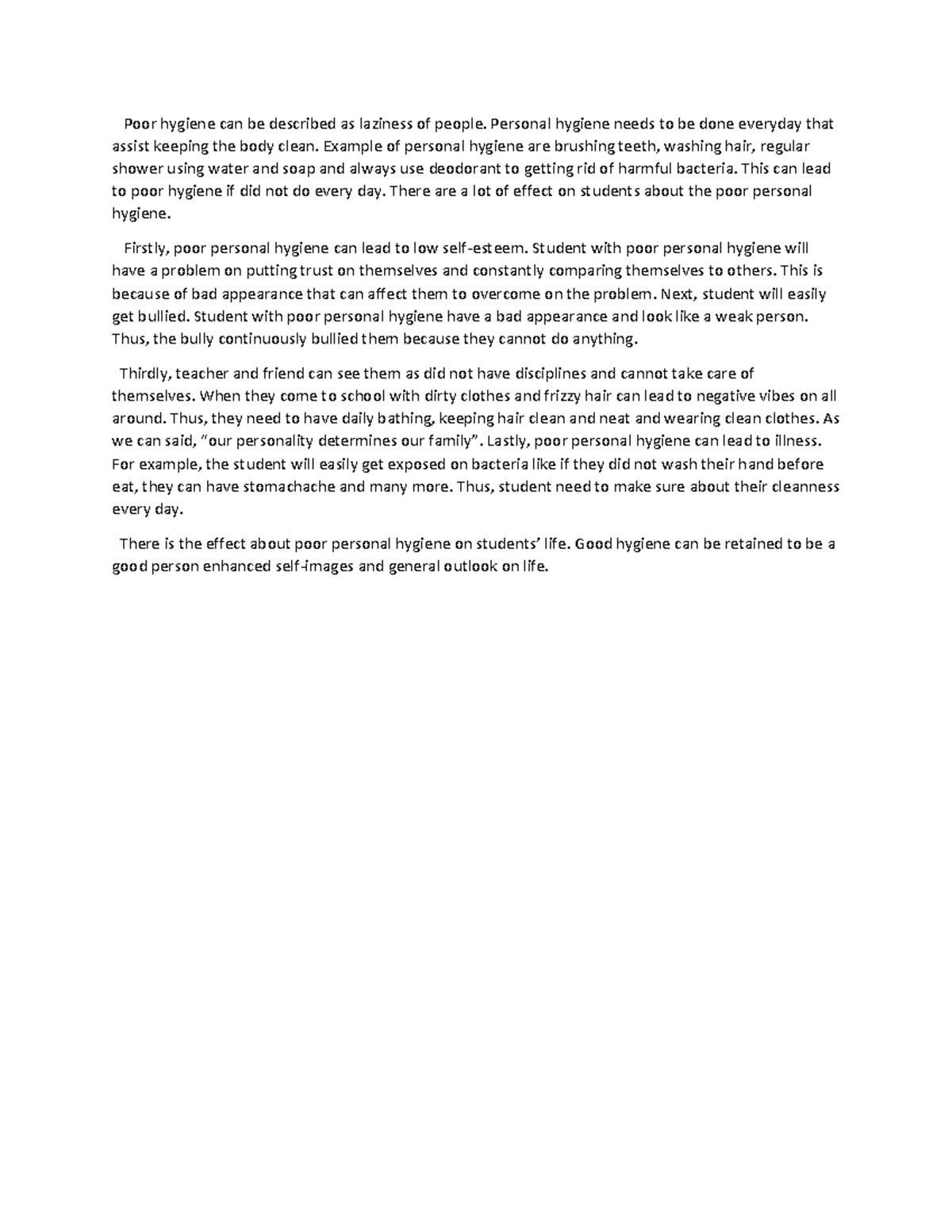 ELC231 Example Of Simple Essay Grade B+ - Poor hygiene can be described ...