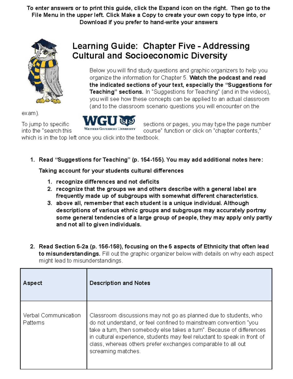 Copy of Chapter 5 Learning Guide - To enter answers or to print this ...