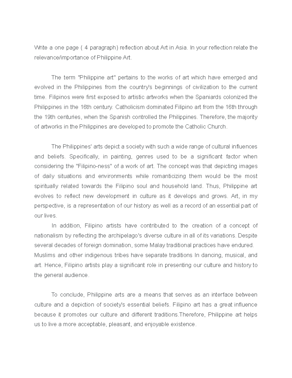 Reflection - Art in Asia- Art Appreciation - Write a one page ( 4 ...