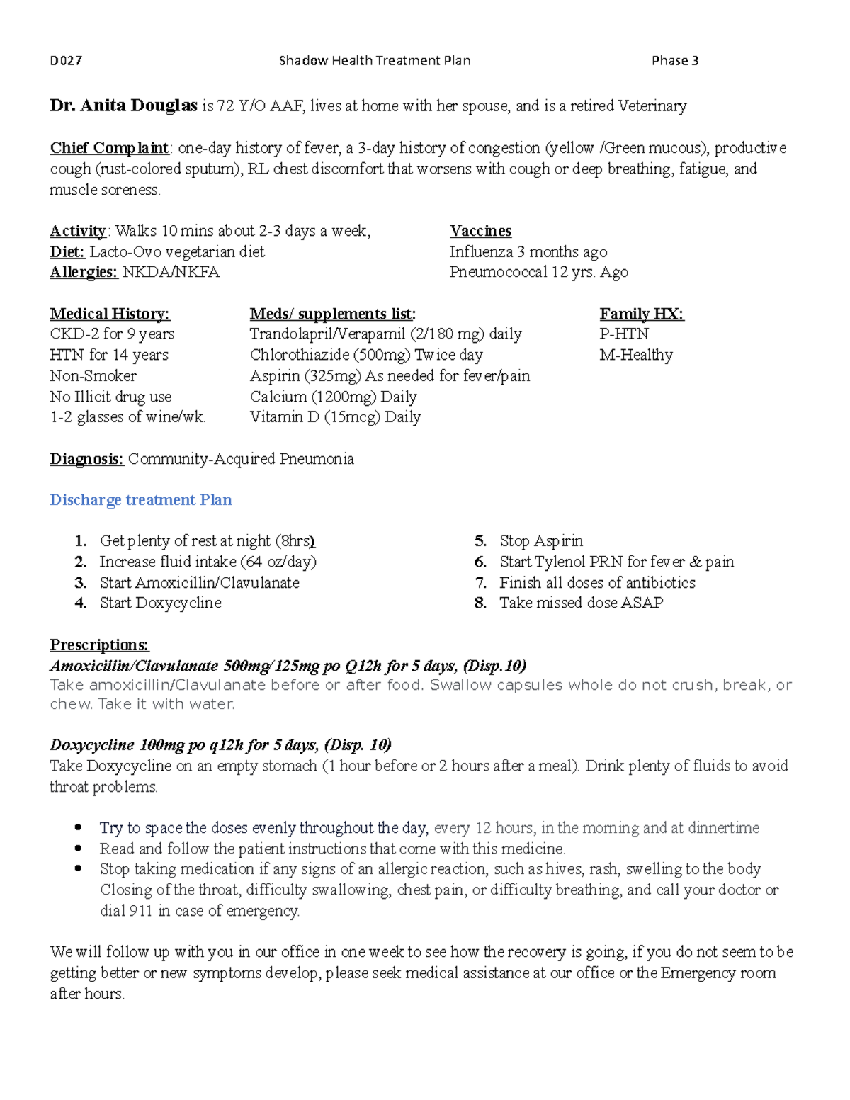 Shadow Health Treatment plan Phase 3 - Anita Douglas is 72 Y/O AAF ...