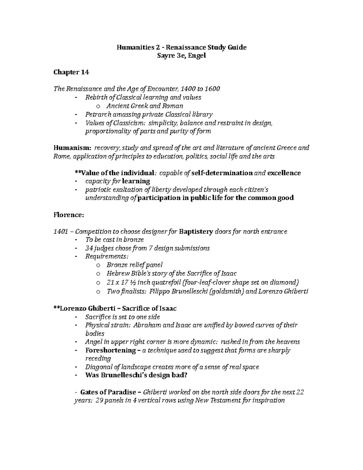Humanities 2 - Chapter 14 Study Guide - Humanities 2 - Renaissance ...