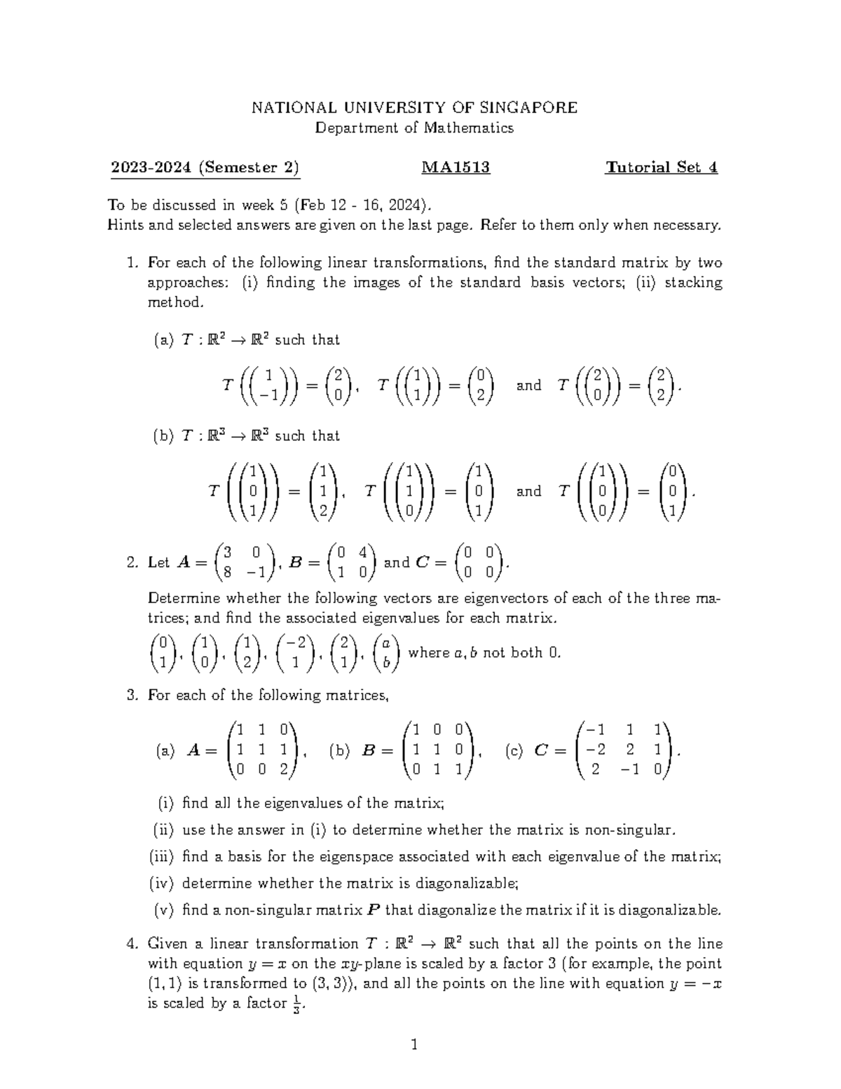 Tutorial Set 4 - Hints and selected answers are given on the last page. Refer to them only when ...