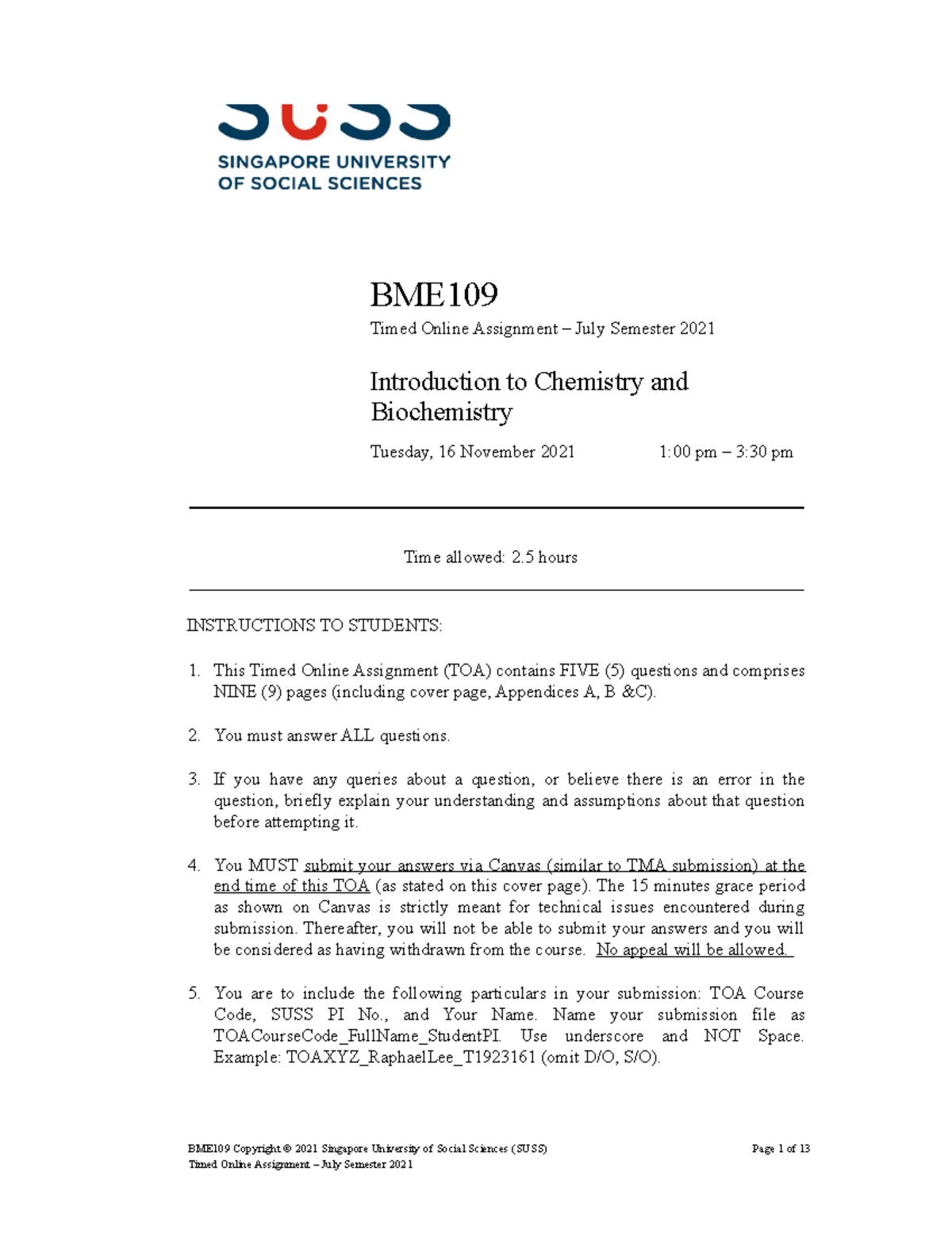 BME109 JUL 2021 TOA final - BME Timed Online Assignment – July Semester 2021 Introduction to ...
