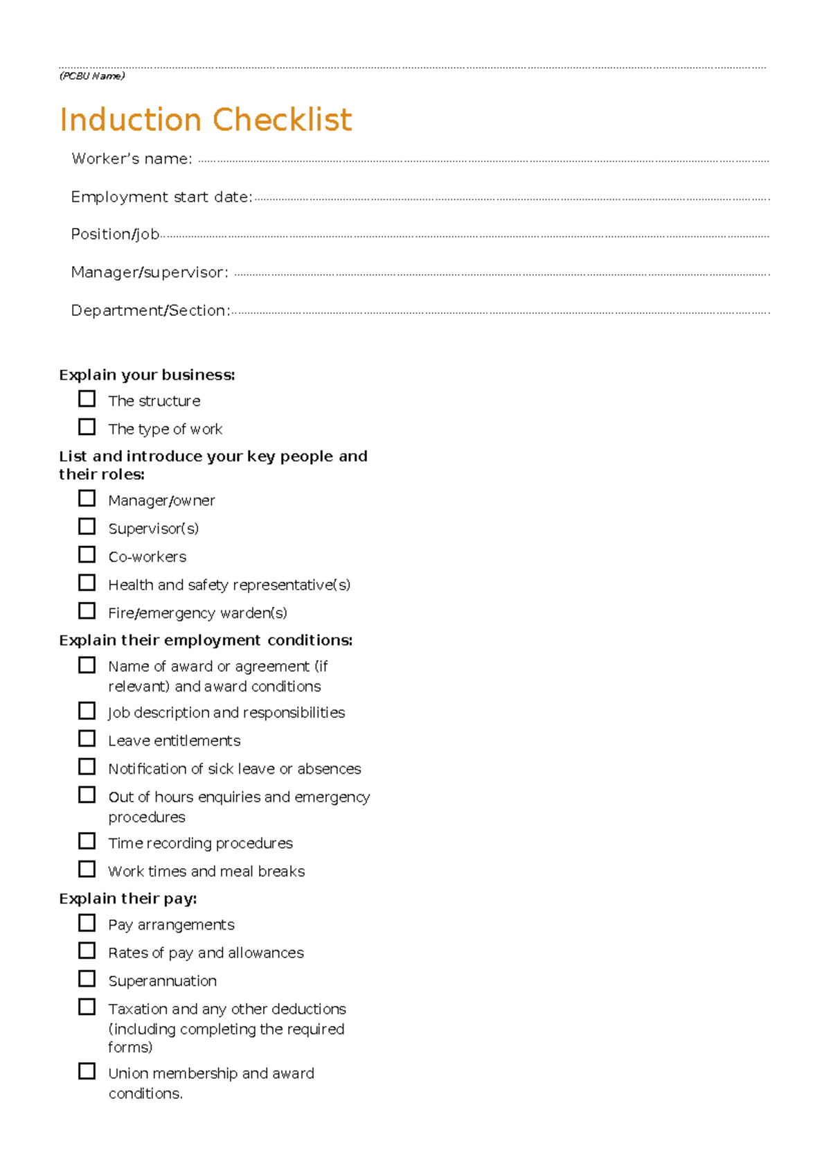 Sample Induction Checklist - - Studocu