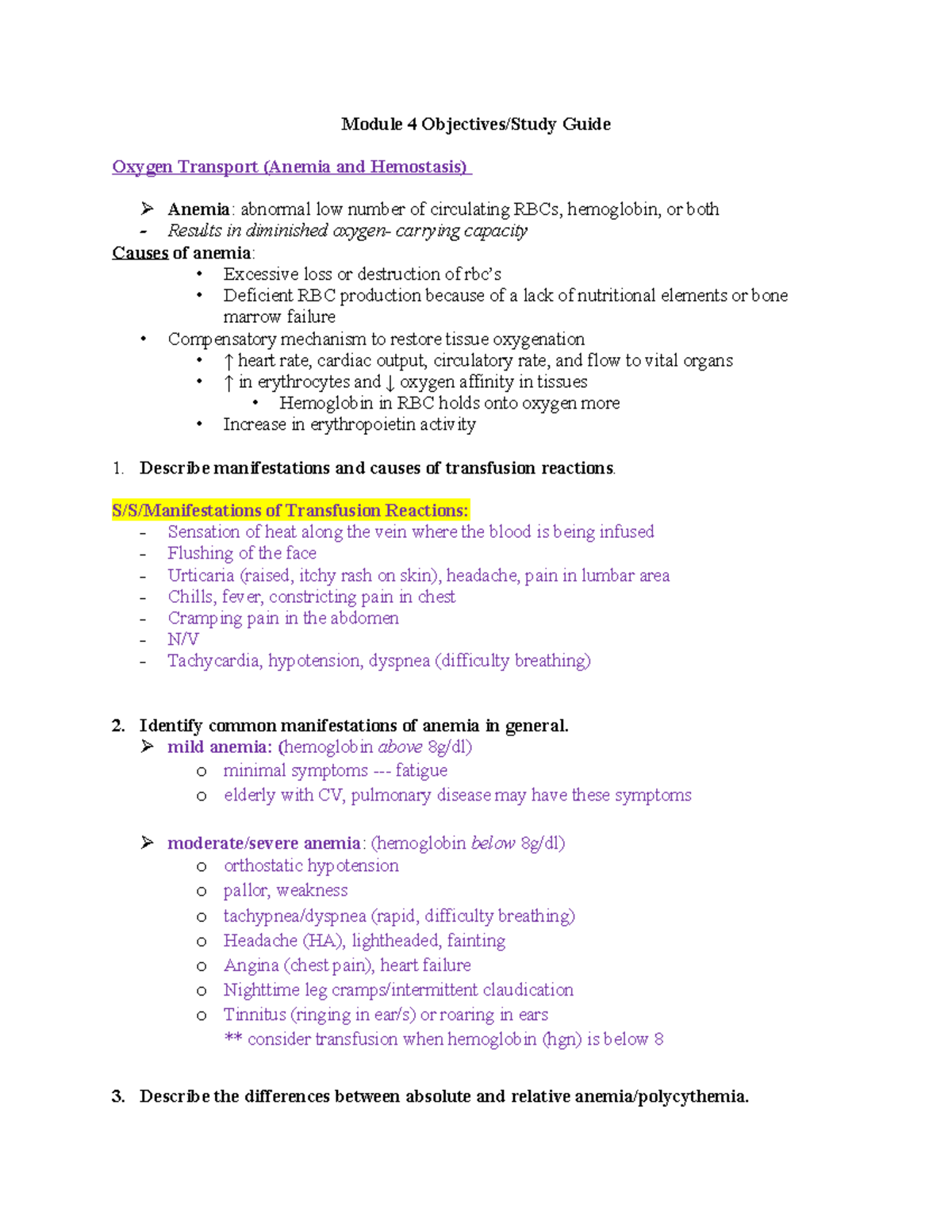 Module 4 Objectives - Module 4 Objectives/Study Guide Oxygen Transport ...