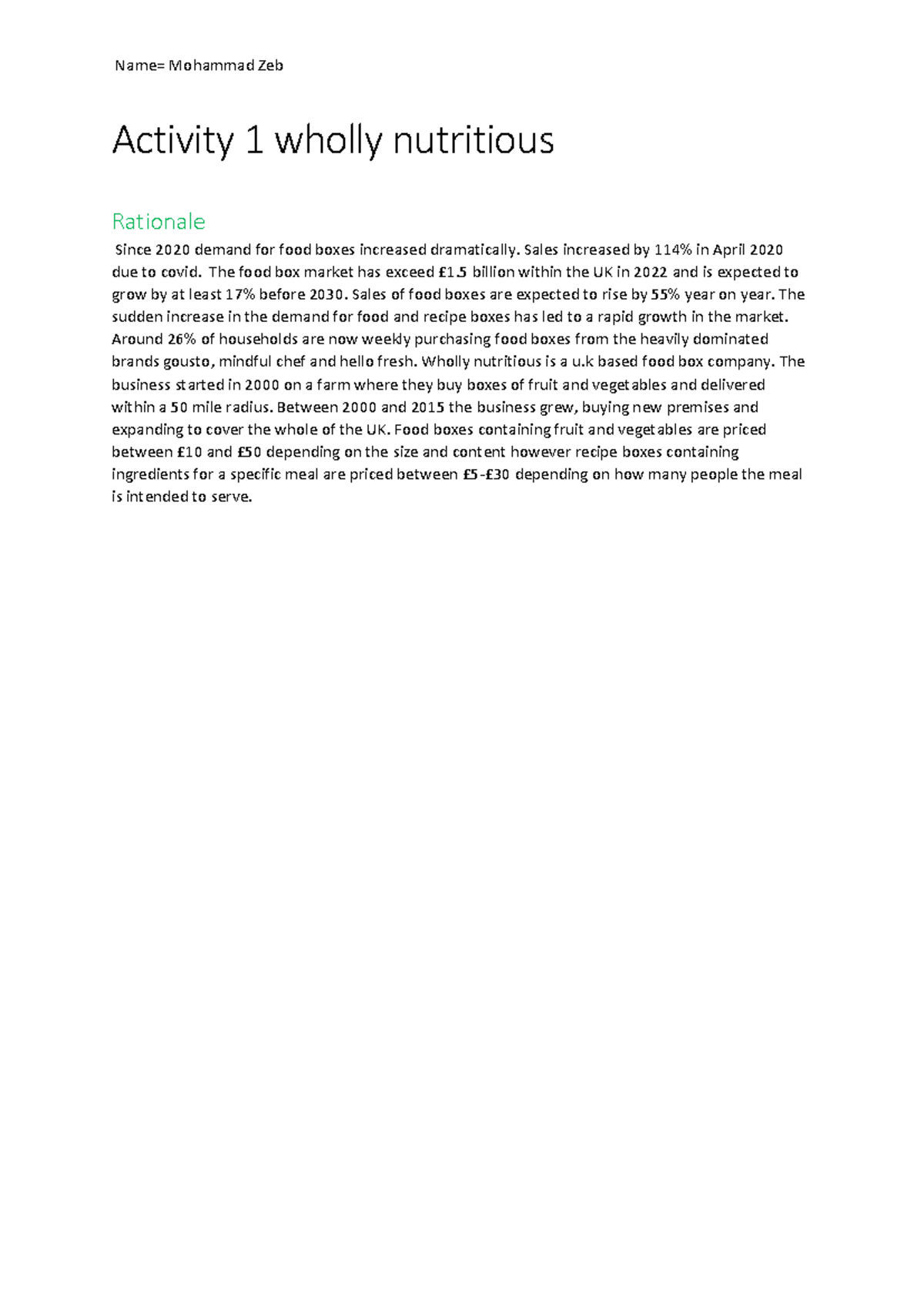Activity 1 wholly nutritious - Name= Mohammad Zeb Activity 1 wholly ...