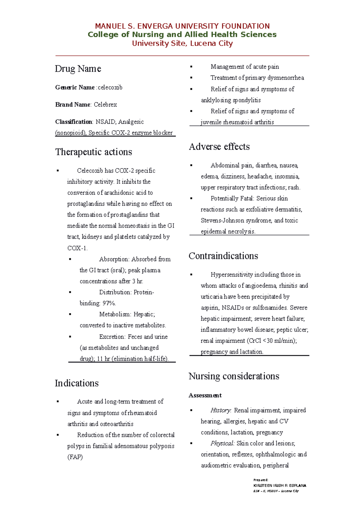 Celecoxib - DRUG Study - MANUEL S. ENVERGA UNIVERSITY FOUNDATION ...