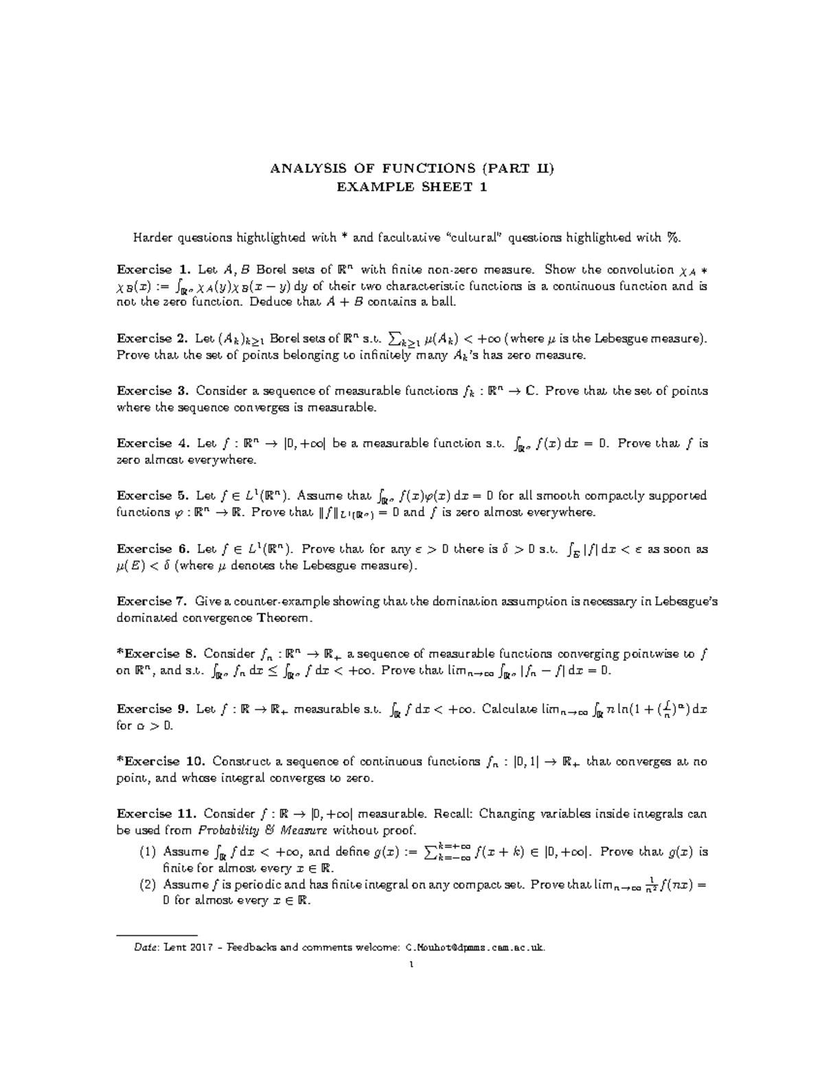 Analysis of Functions 2016-2017 Example Sheet 1 - ANALYSIS OF FUNCTIONS ...