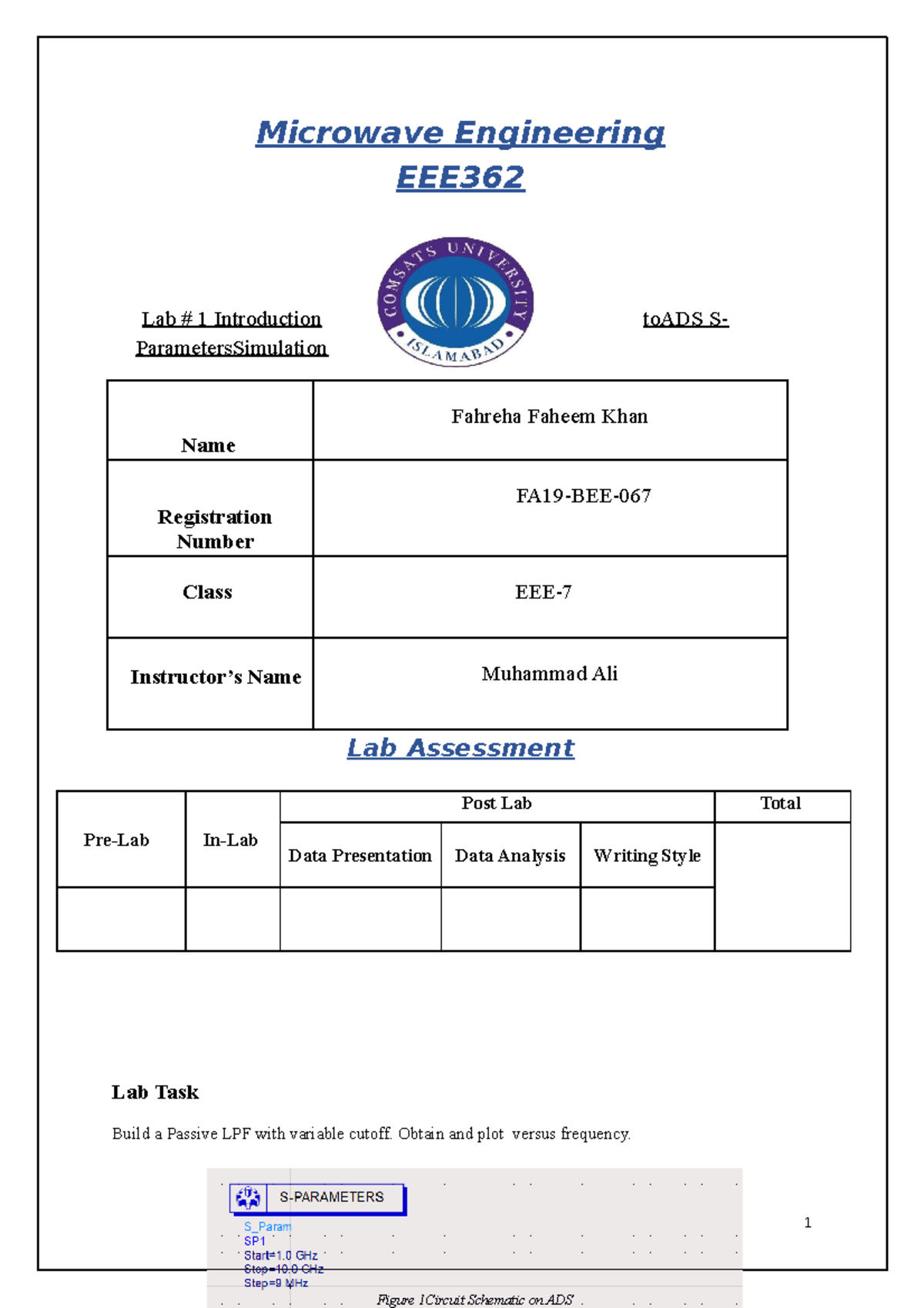 FA19 BEE 067 Microwave LAB - Microwave Engineering EEE Lab # 1 Introduction toADS S- - Studocu