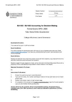 BU1002-FInal Exam - BU1002/ BU1902 Accounting for Decision Making ...