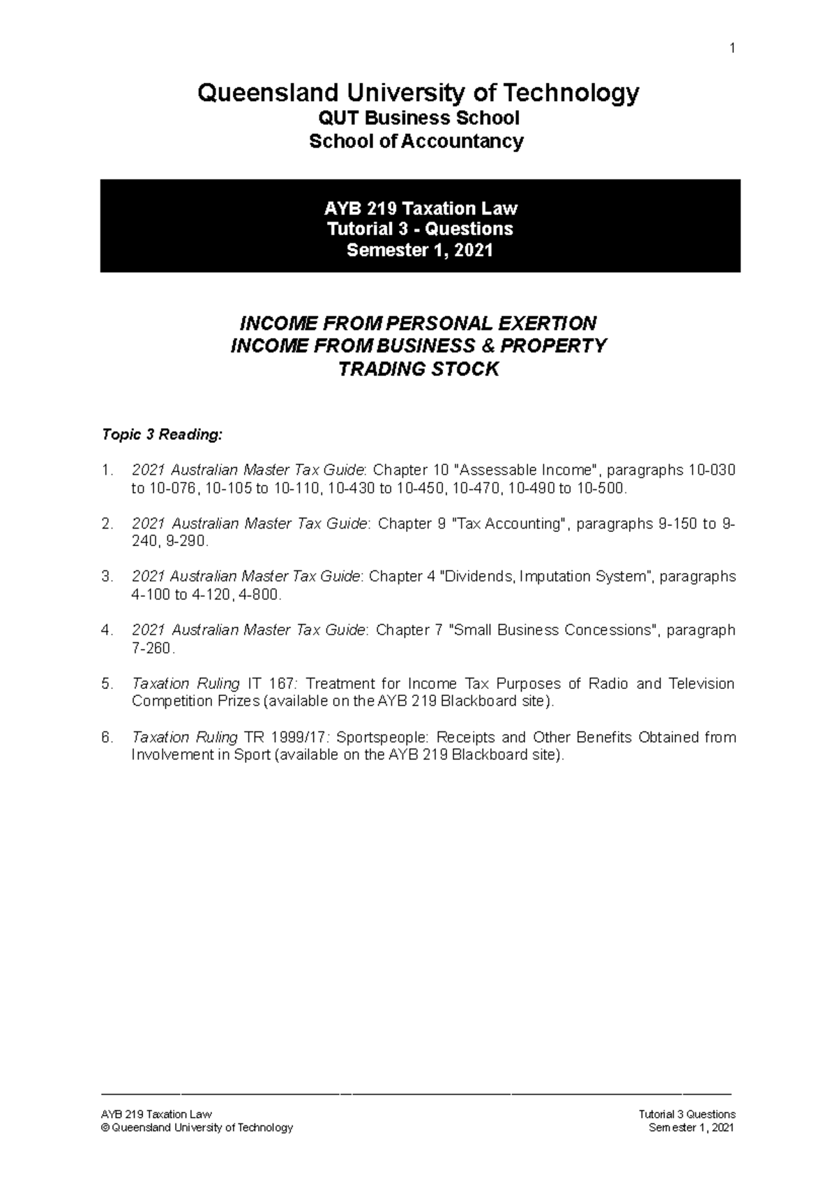taxation law tutorial questions week 3 - Queensland University of ...