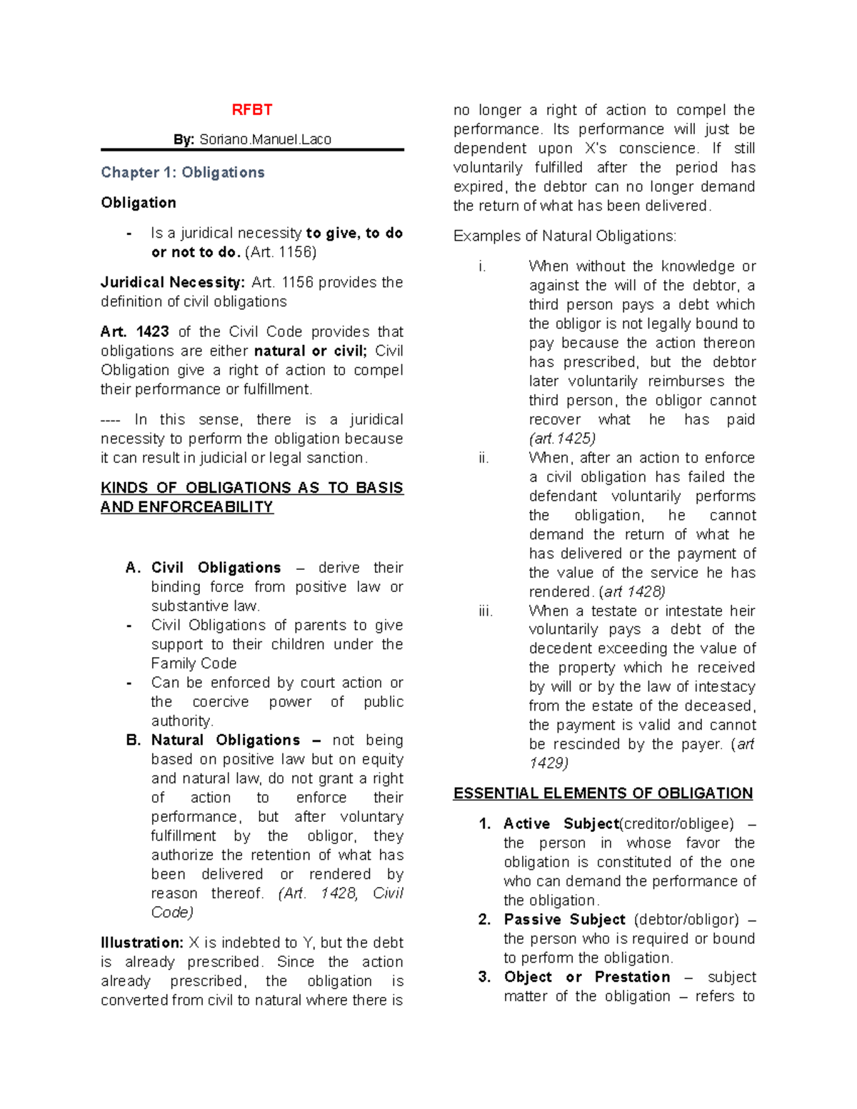 RFBT - CPA 2024 - RFBT By: Soriano.Manuel Chapter 1: Obligations Obligation Is a juridical ...