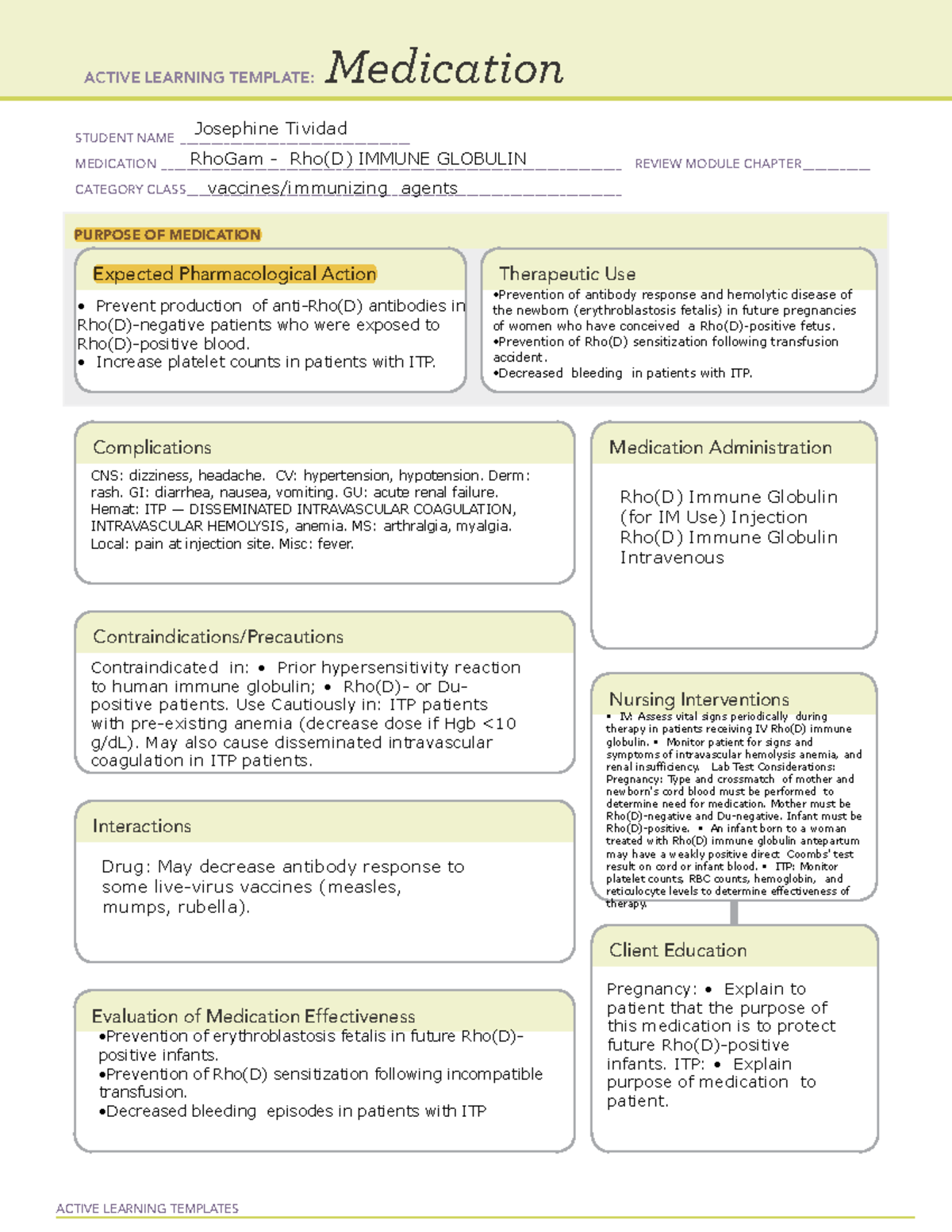 Rho gam - Medication - ACTIVE LEARNING TEMPLATES Medication STUDENT ...