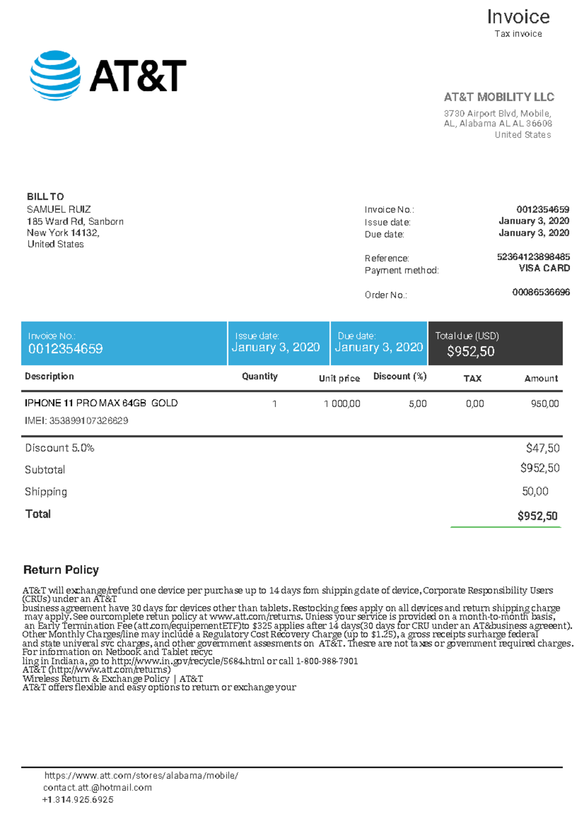 Invoice IPhone 11 pro max - New York 14132, 185 Ward Rd, Sanborn SAMUEL ...