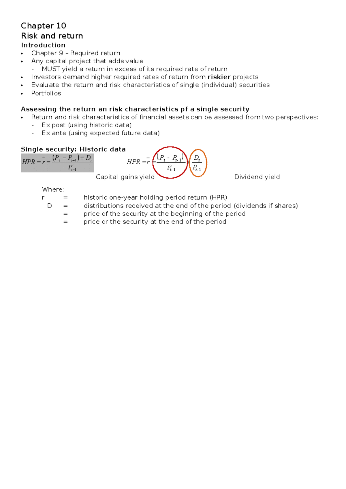 Chapter 10 - notes - Chapter 10 Risk and return Introduction Chapter 9 ...