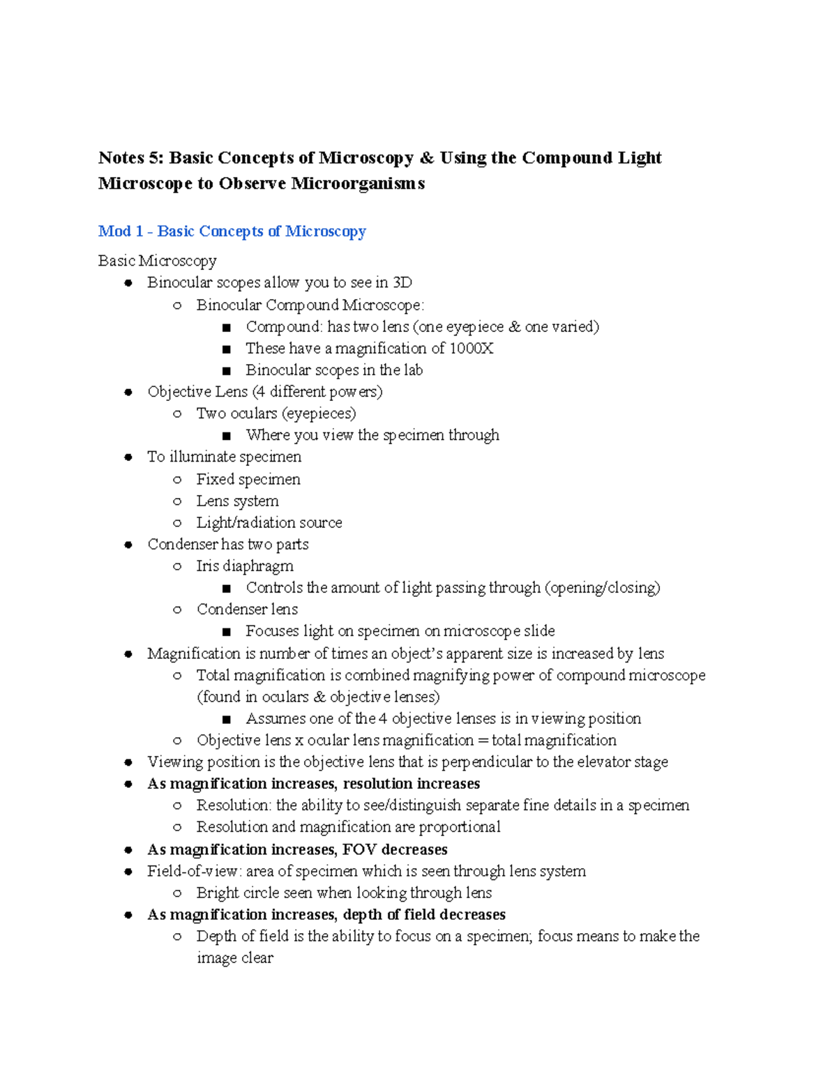 Microbiology Lab Notes - Notes 5: Basic Concepts of Microscopy & Using ...