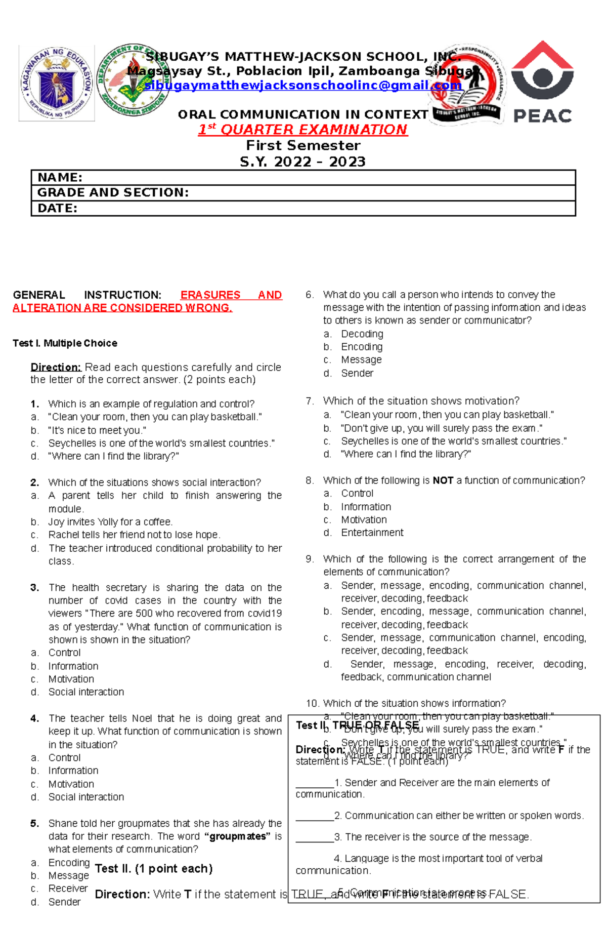 Finals ORAL COM 1ST - EXAMINATION - SIBUGAY’S MATTHEW-JACKSON SCHOOL ...