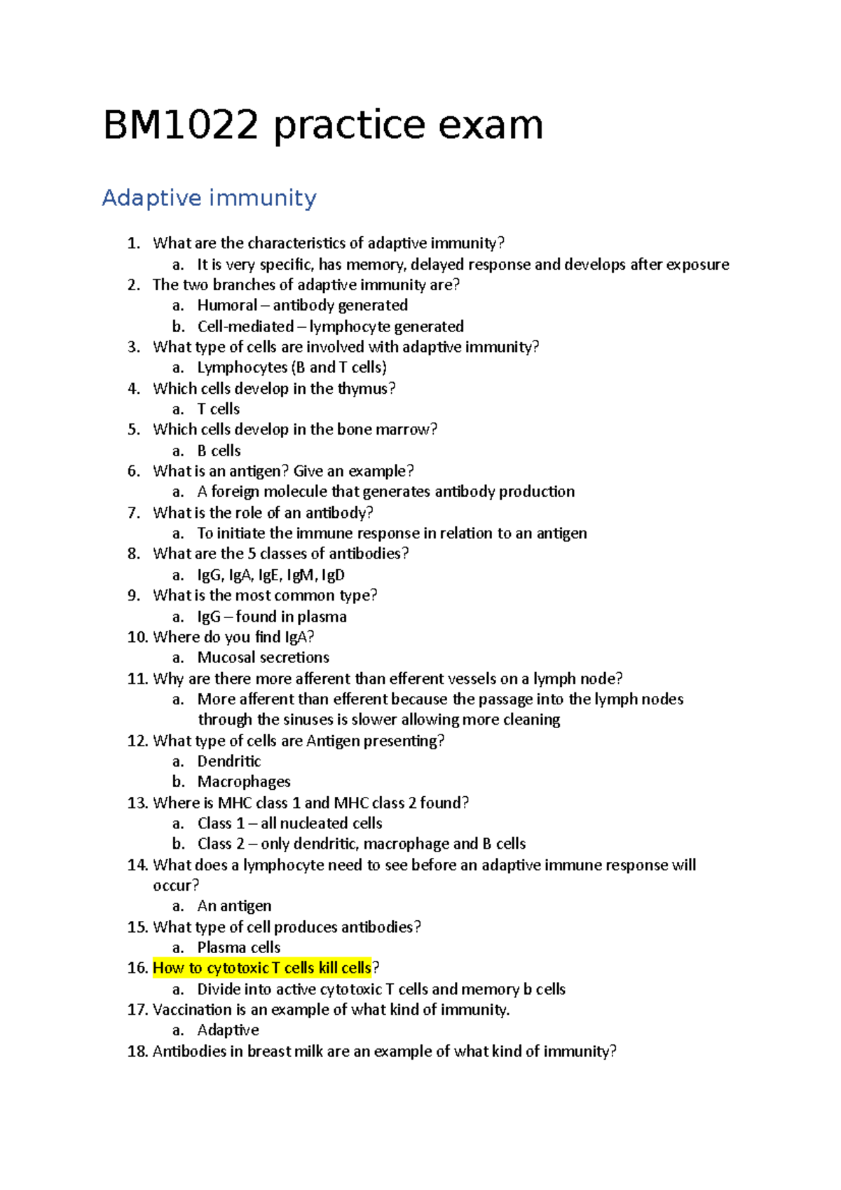 BM1022 practice exam - BM1022 practice exam Adaptive immunity What are ...