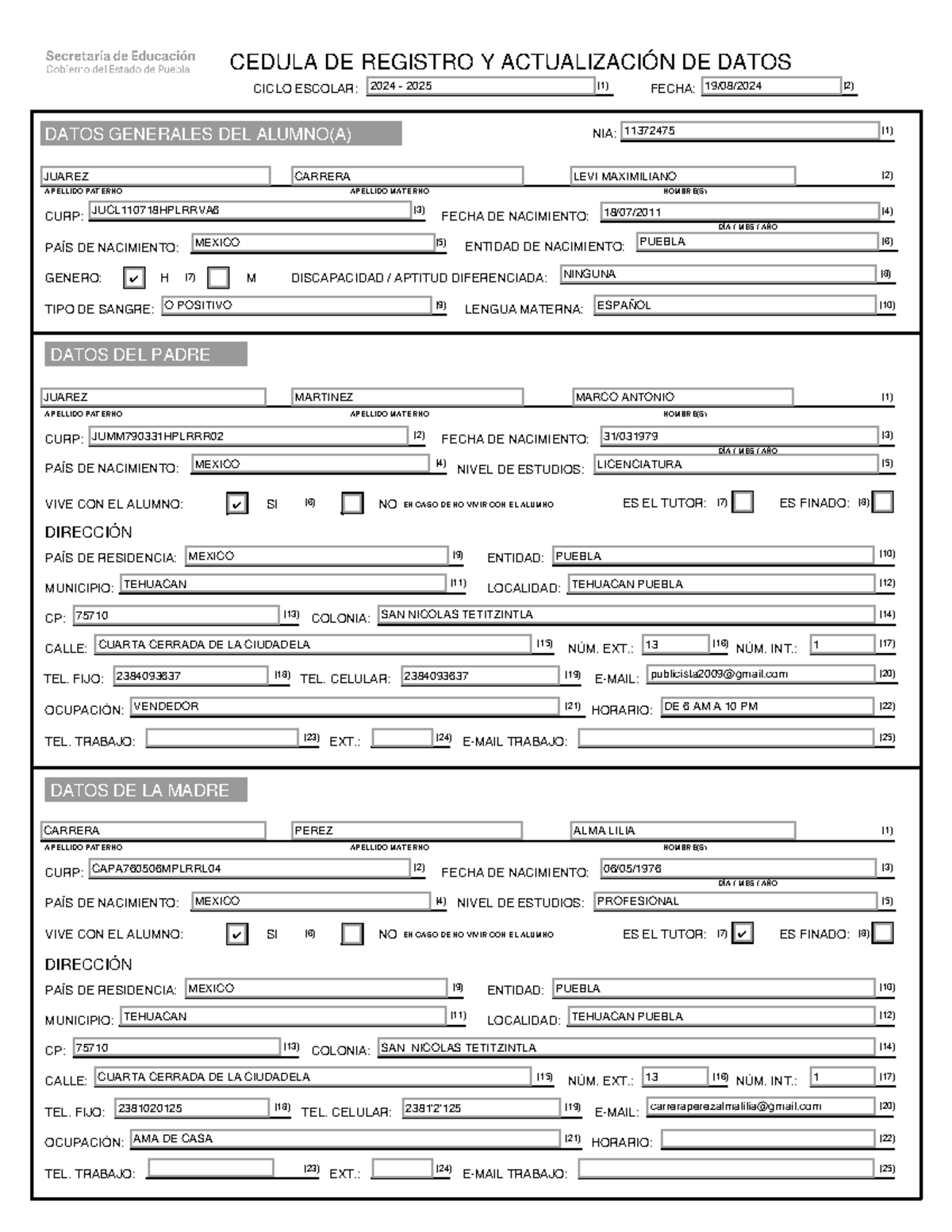 Cedula 2024-2025 - no tiene - CICLO ESCOLAR: CEDULA DE REGISTRO Y ...