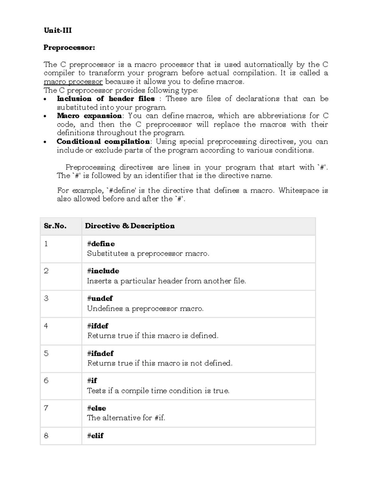 PPS-3rd-unit - Unit-III Preprocessor: The C preprocessor is a macro processor that is used - Studocu
