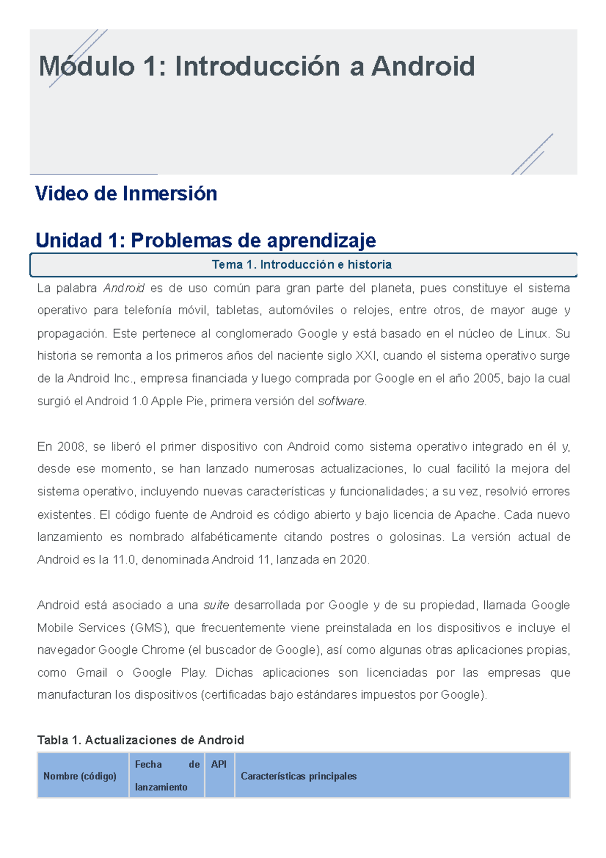 Modulo Numero 1 - Módulo 1: Introducción a Android Video de Inmersión Unidad 1: Problemas de ...
