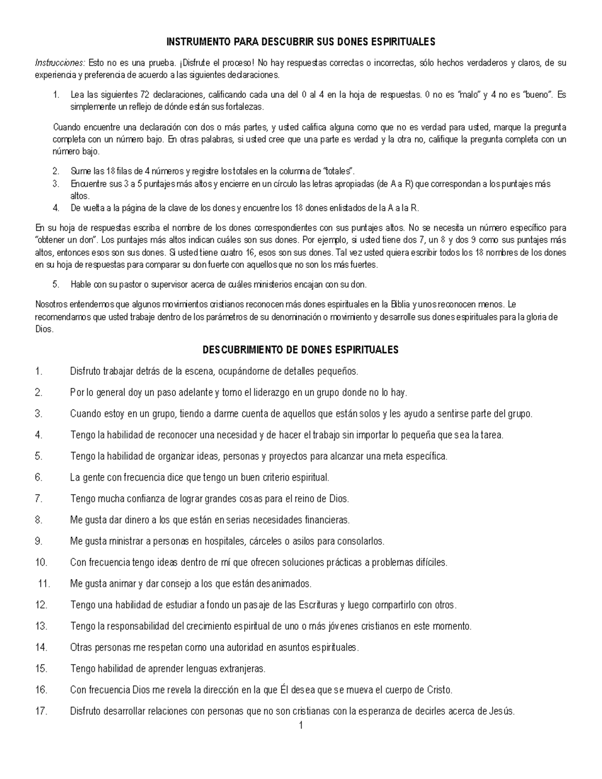 Prueba de dones Espirituales - INSTRUMENTO PARA DESCUBRIR SUS DONES ...