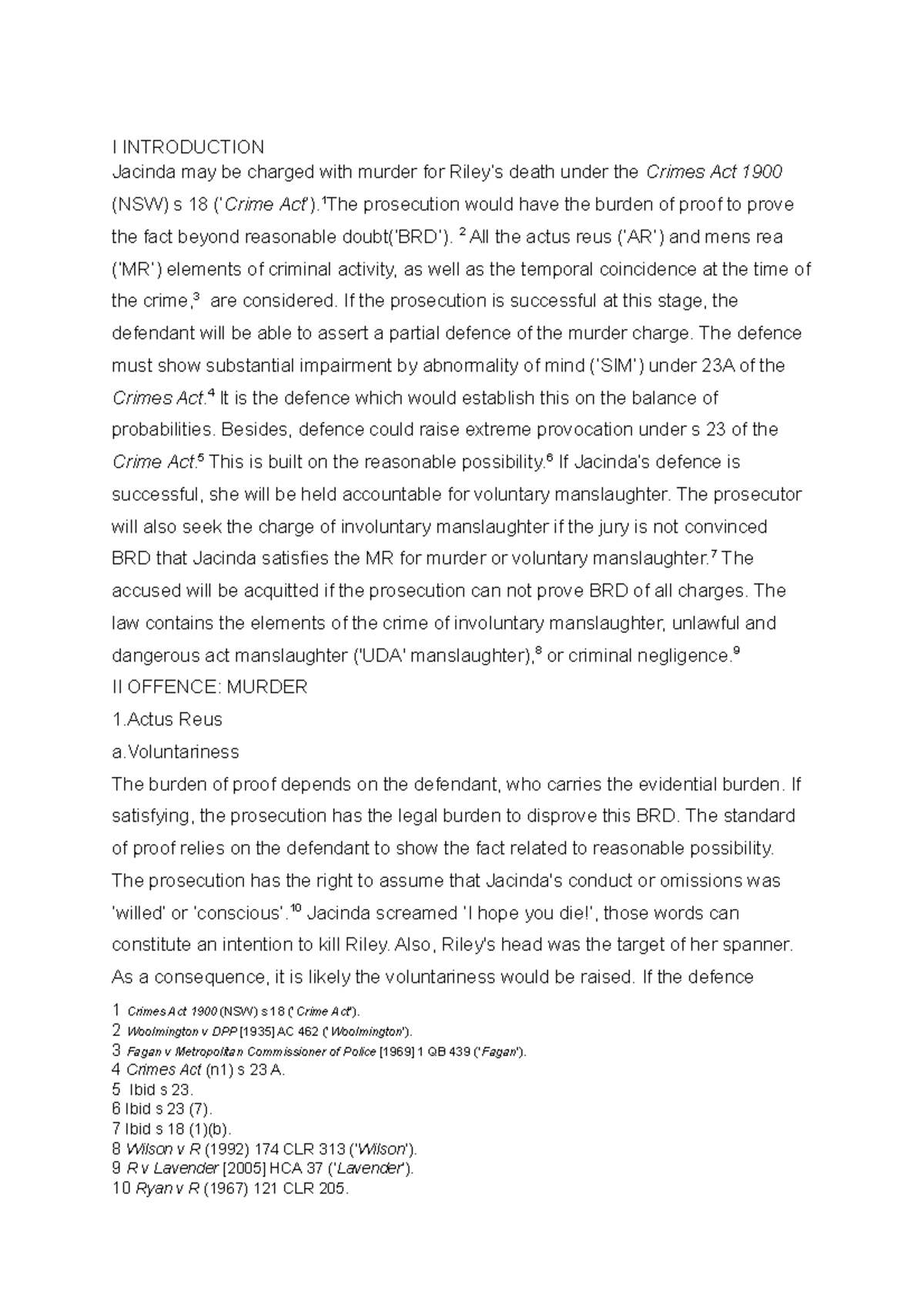 Criminal law essay - I INTRODUCTION Jacinda may be charged with murder ...