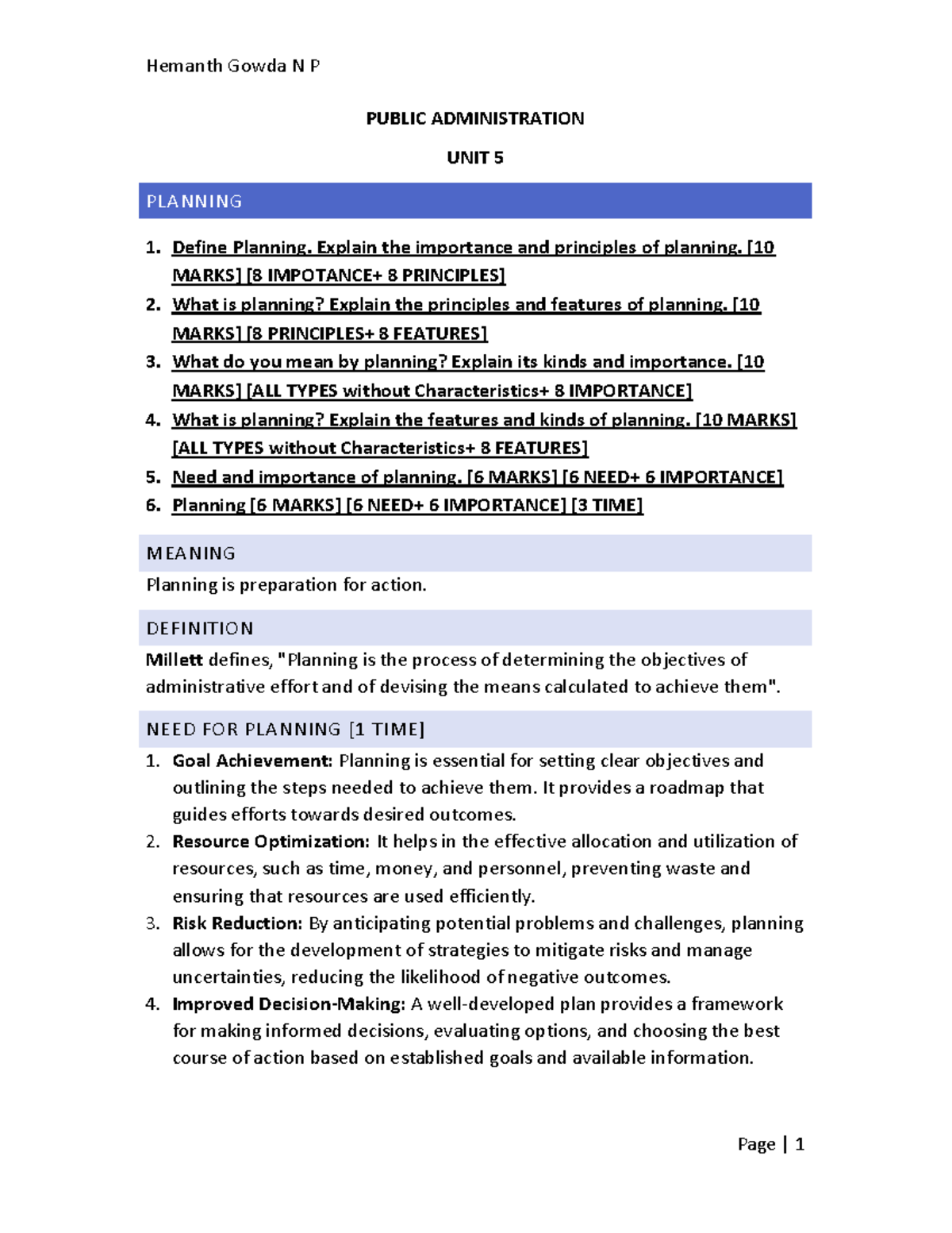 Public Administration UNIT 5 - PUBLIC ADMINISTRATION UNIT 5 PLANNING Define Planning. Explain ...