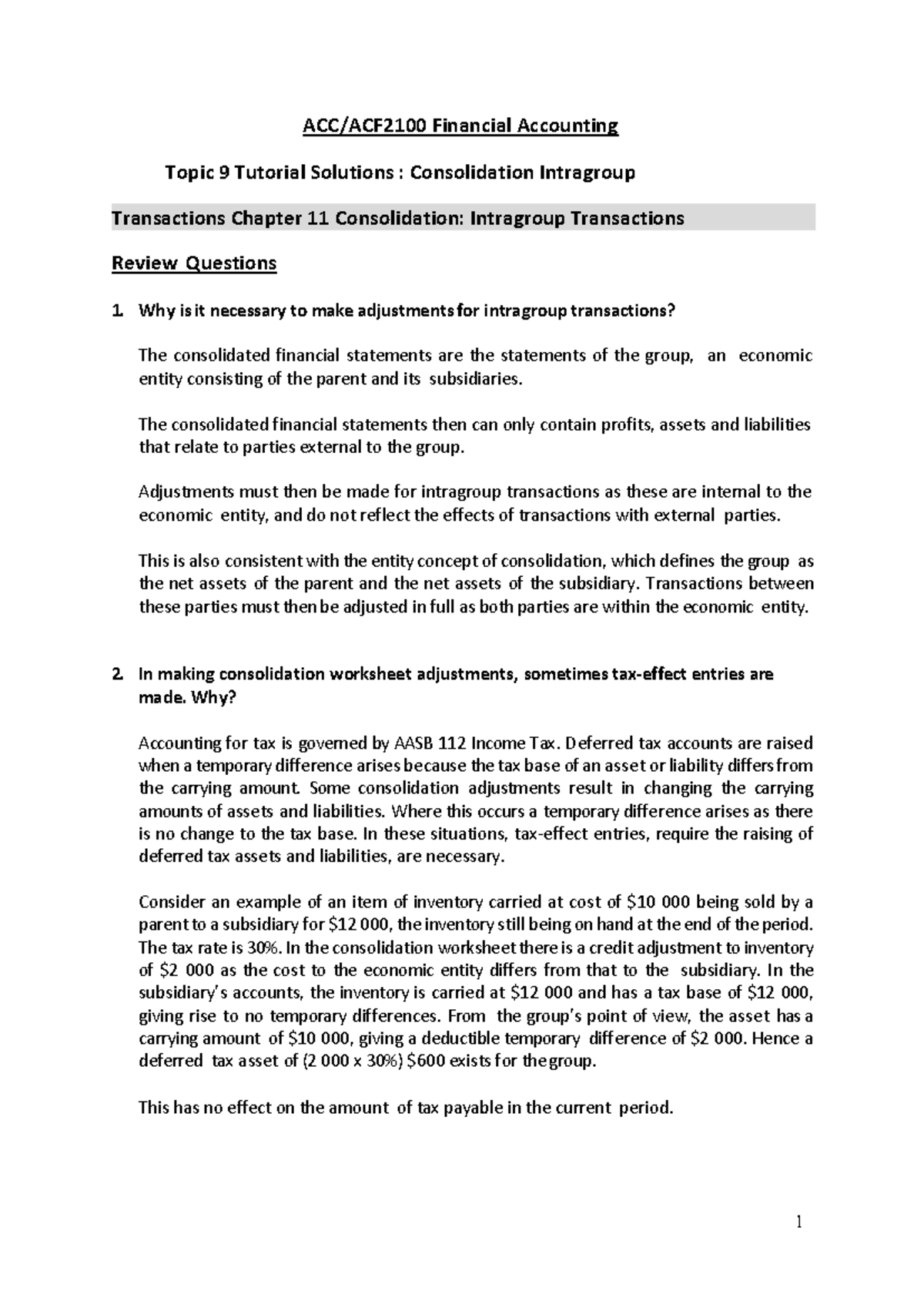ACC-ACF2100 Topic 9 Tutorial Solutions - ACC2100 - Warning: TT ...