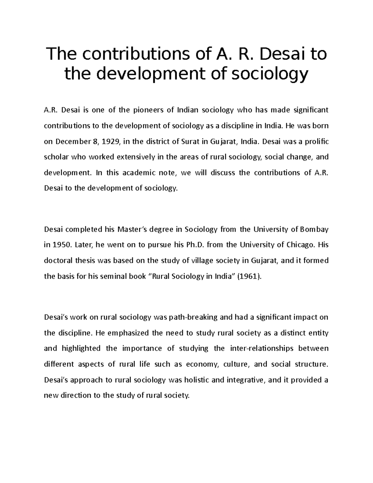 The contributions of A. R. Desai to the development of sociology - The ...